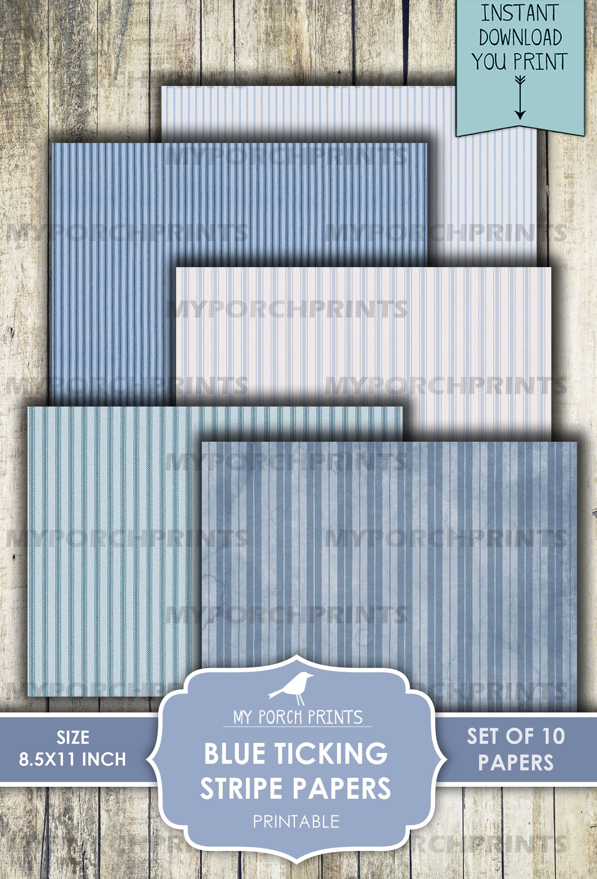 Junk Journal Ticking Stripe Papers Blue Printable - Etsy