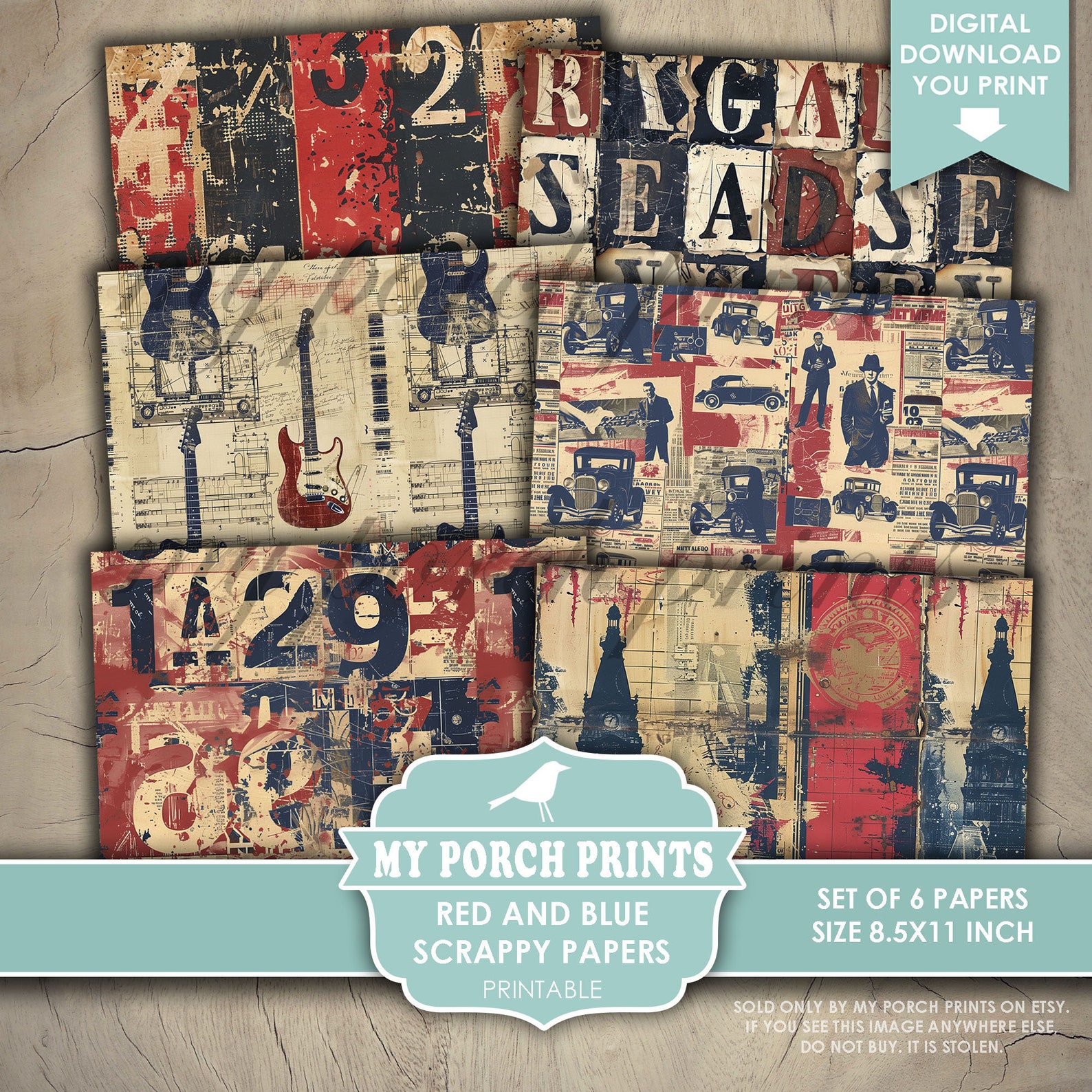 Red and Blue Scrappy Papers, Junk Journal, British, 4th of July, Men ...
