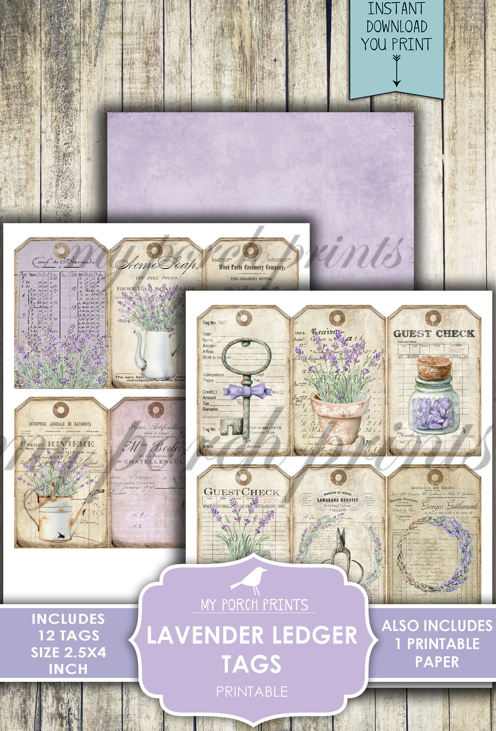 Lavender Ledger Tags, Junk Journal, Ephemera, My Porch Prints, Purple ...