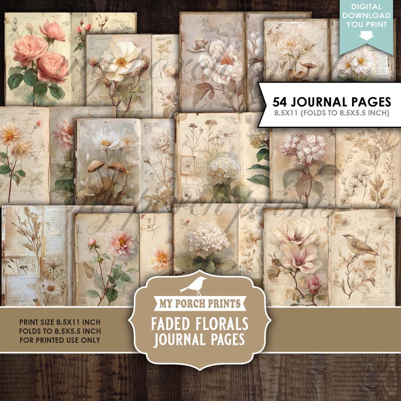 Faded Florals Junk Journal PAGES, Vintage, Flowers, Botanical, Edith ...