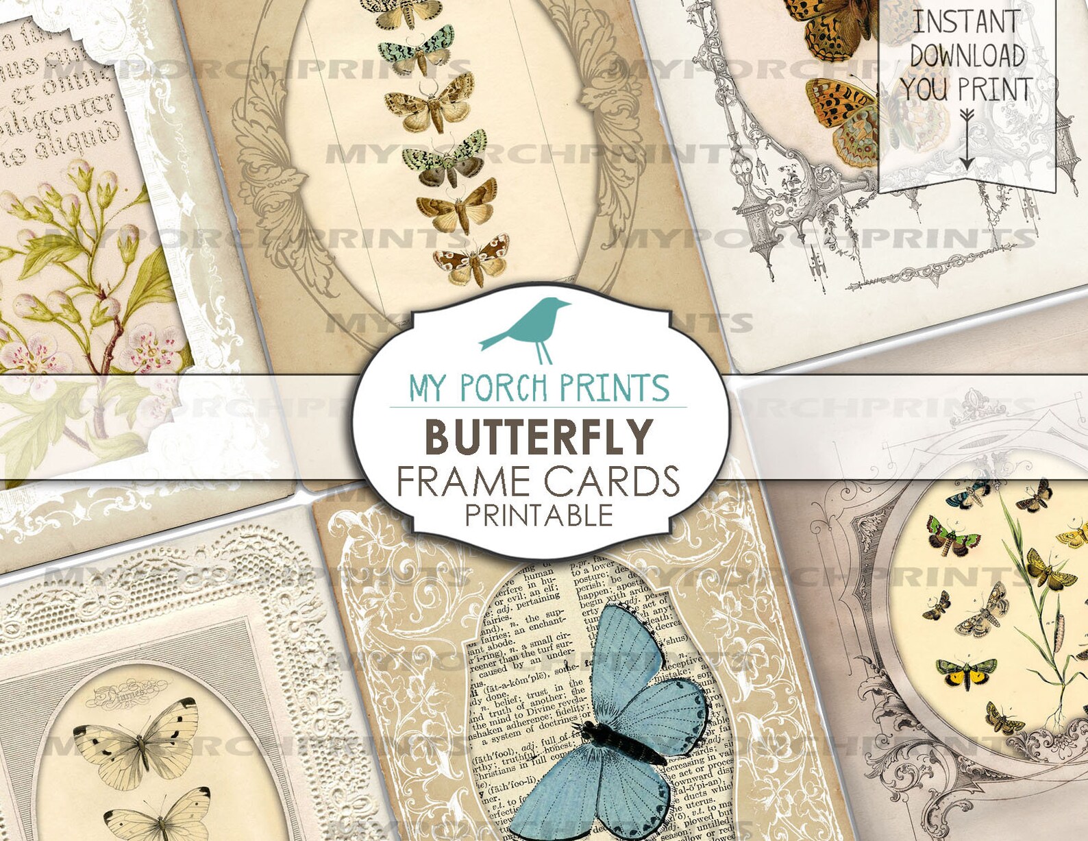 Butterfly Frame Cards Printable Ephemera Junk Journal | Etsy