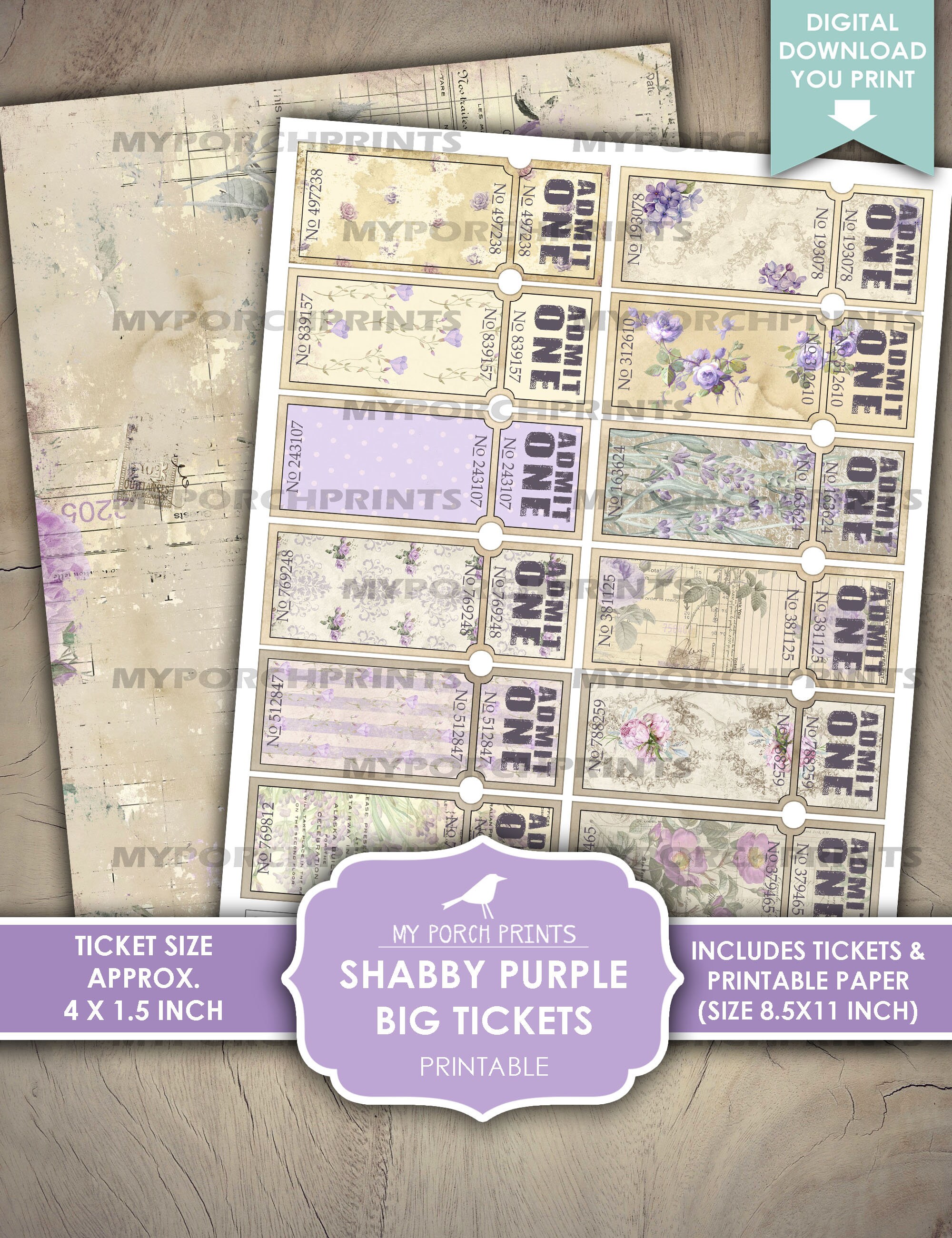 Junk Journal Tickets Shabby Purple Big Large Vintage - Etsy