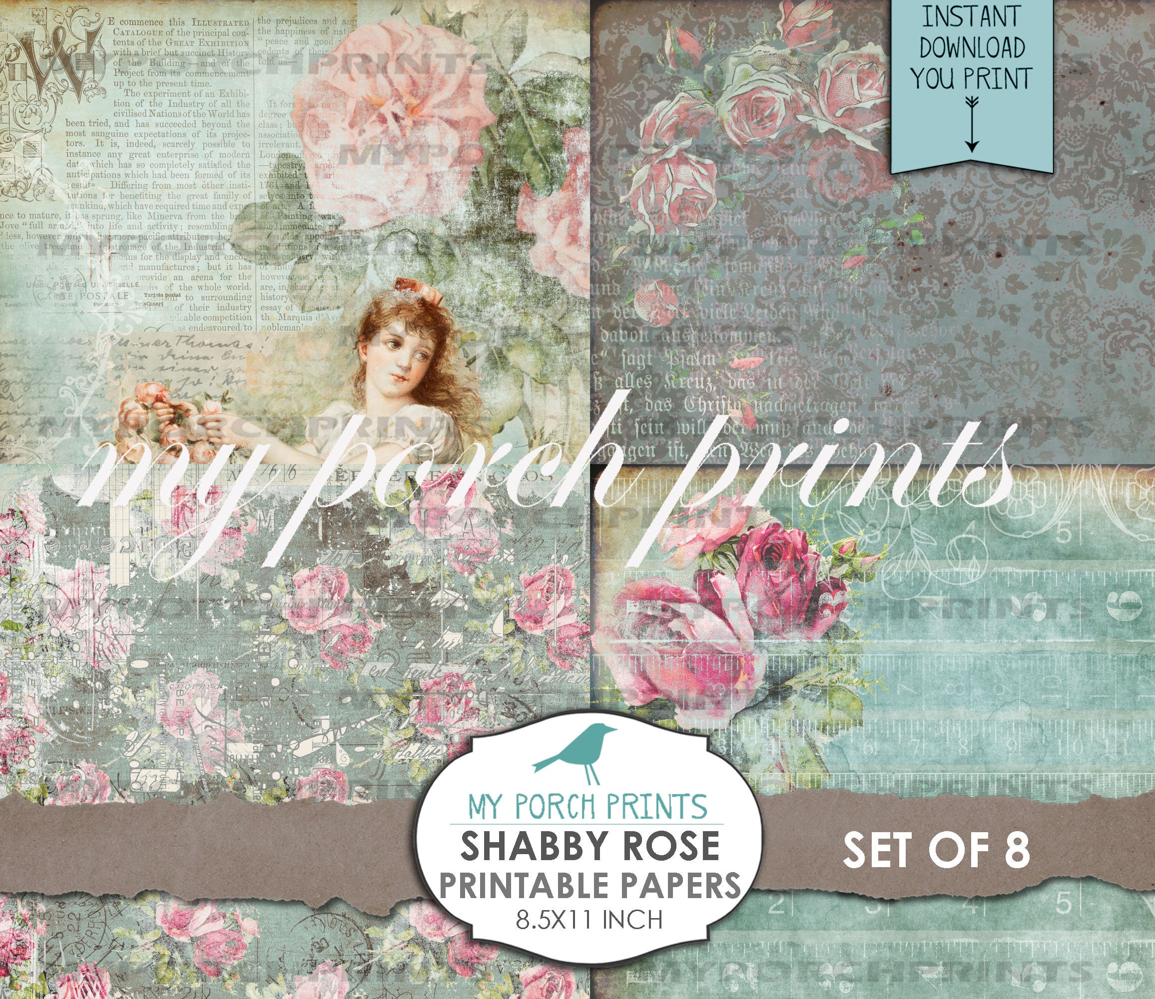Shabby Rose Printable Papers, Collage Sheet, Journal Page, Blue, Pink ...