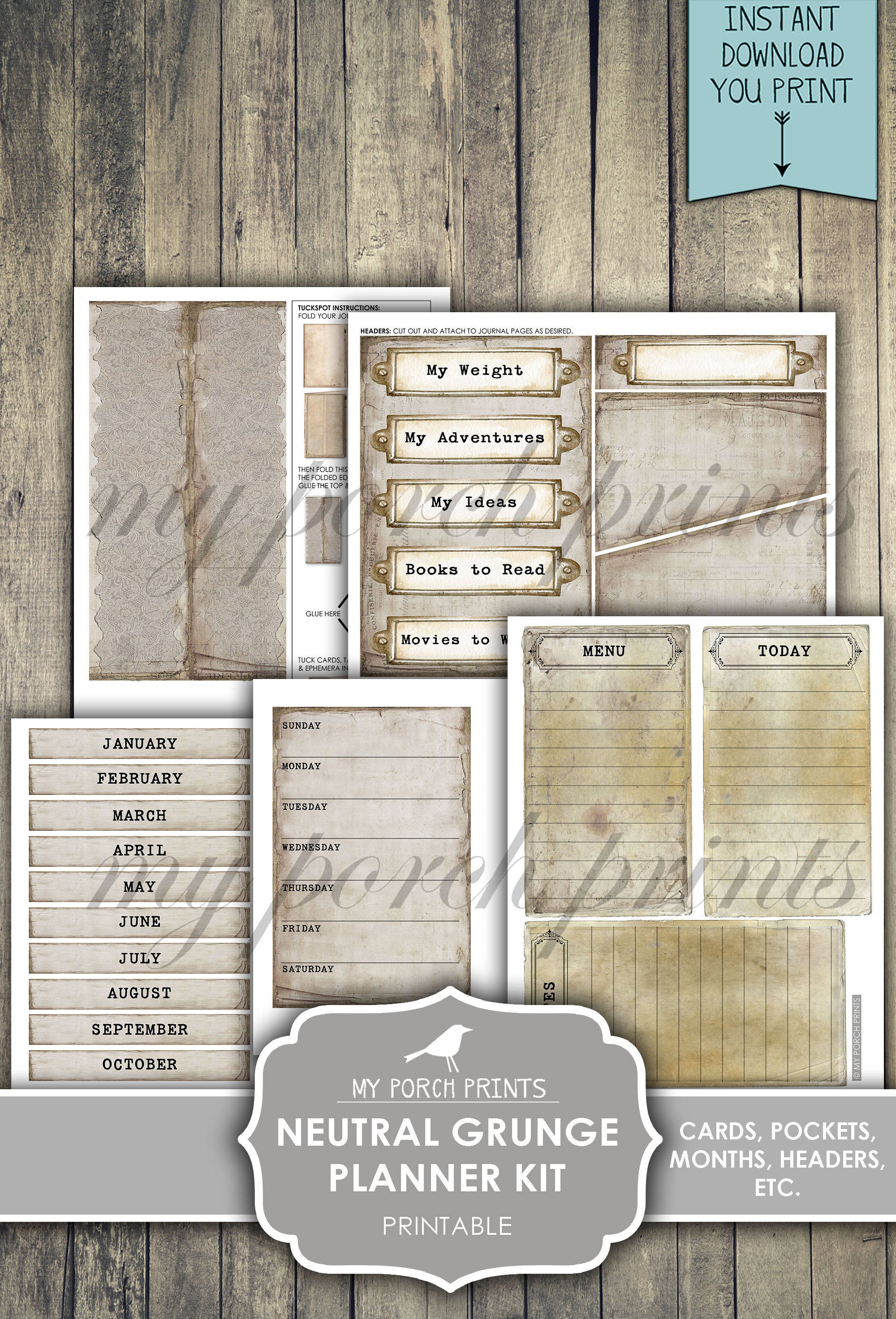 Junk Journal, Planner, Kit, Neutral, Grunge, Calendar, Bullet Journal ...