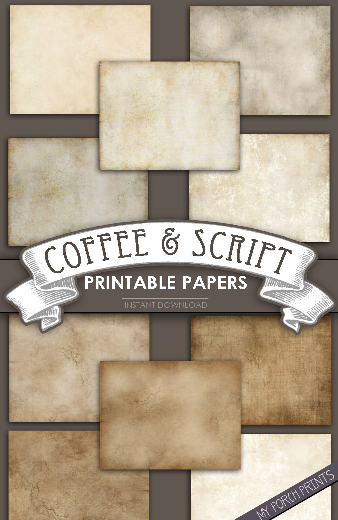 Coffee & Script, Papers, Junk Journal, Neutral, Brown, Dyed, Tea ...