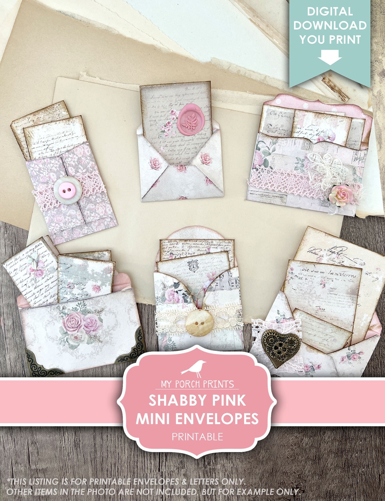 Junk Journal, Shabby, Pink, Mini, Envelopes, Letters, Embellishments ...