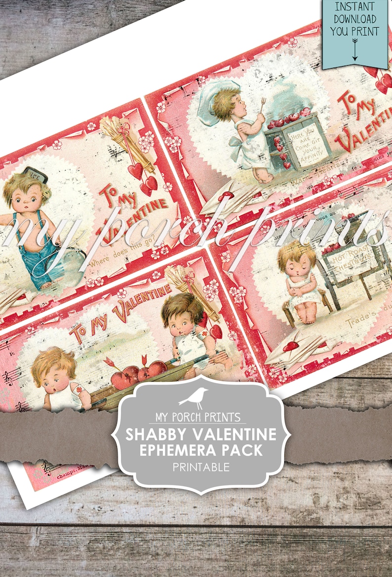 Junk Journal Ephemera Valentine's Day Cards Shabby | Etsy