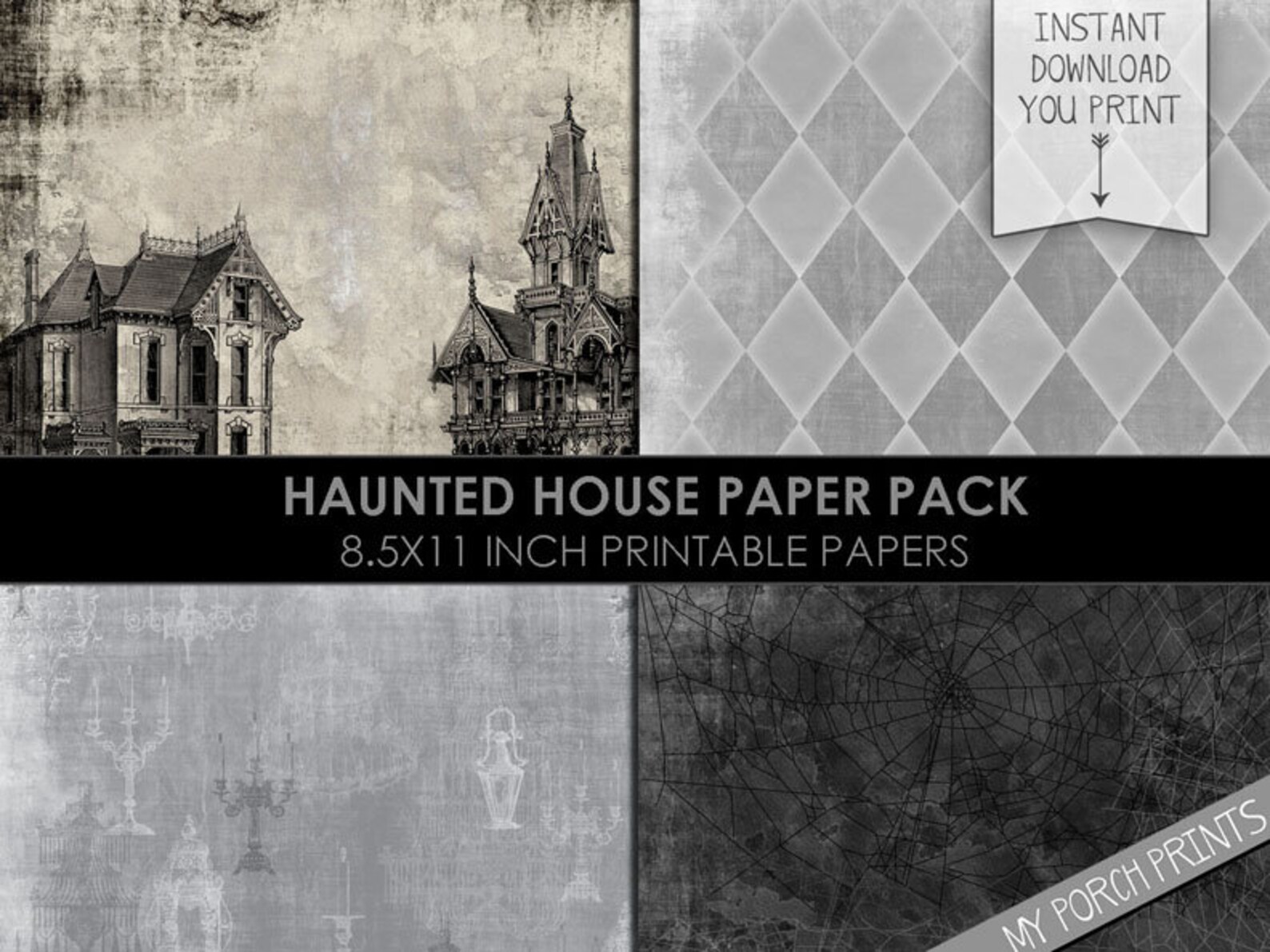 Halloween, Paper, Haunted House, Pack, Black & White, Junk Journal, Poe ...