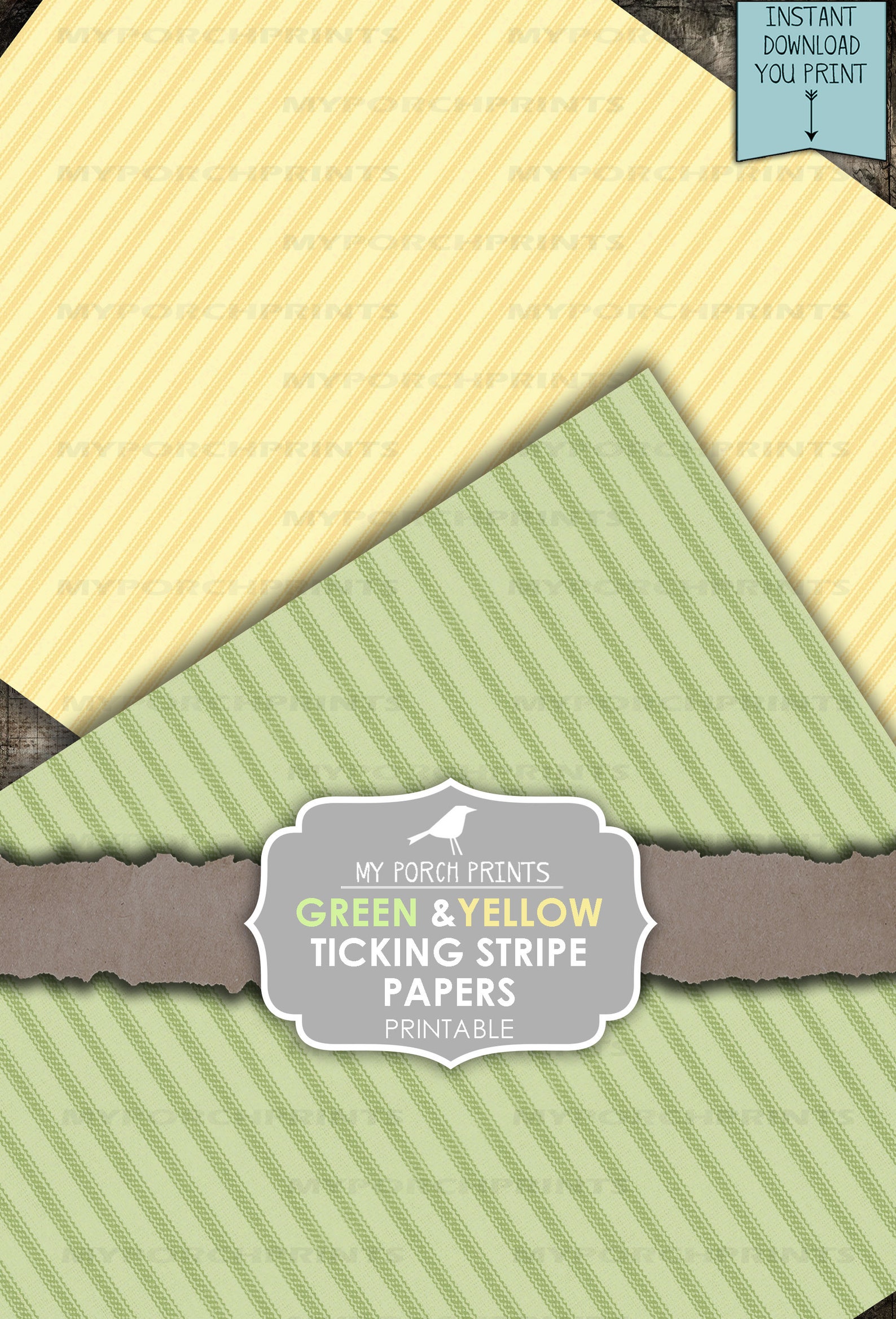 Papers, Ticking Stripe, Green, Yellow, Junk Journal, Printable ...