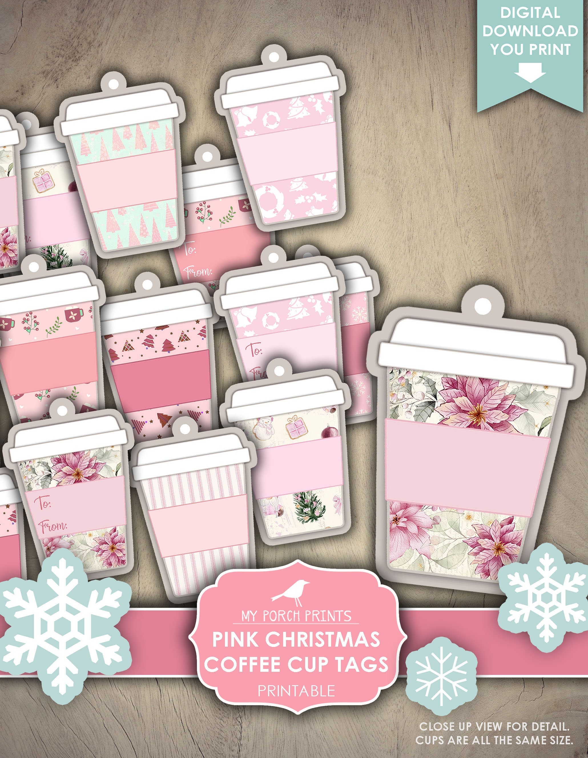 Junk Journal Pink Christmas Coffee Cups Tags Ornament - Etsy