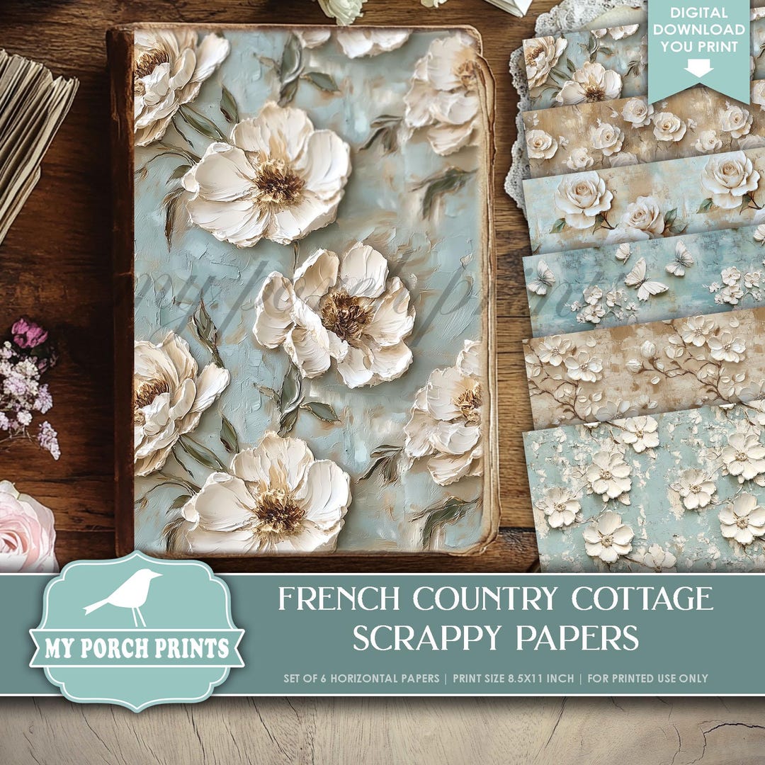 French Country Cottage Scrappy Papers, Junk Journal, Pages, Blue ...