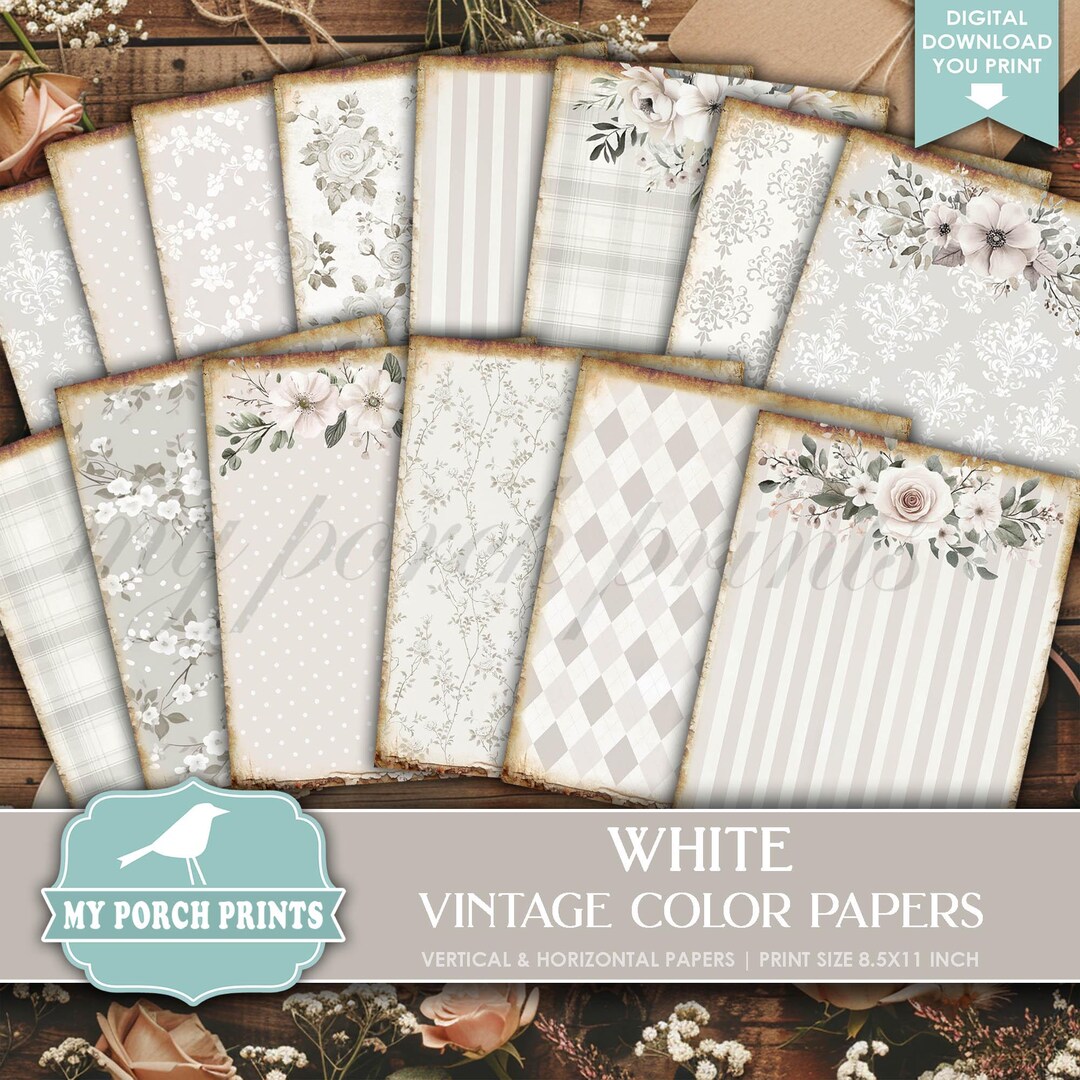 White Vintage Color Papers, Junk Journal, Vertical and Horizontal ...