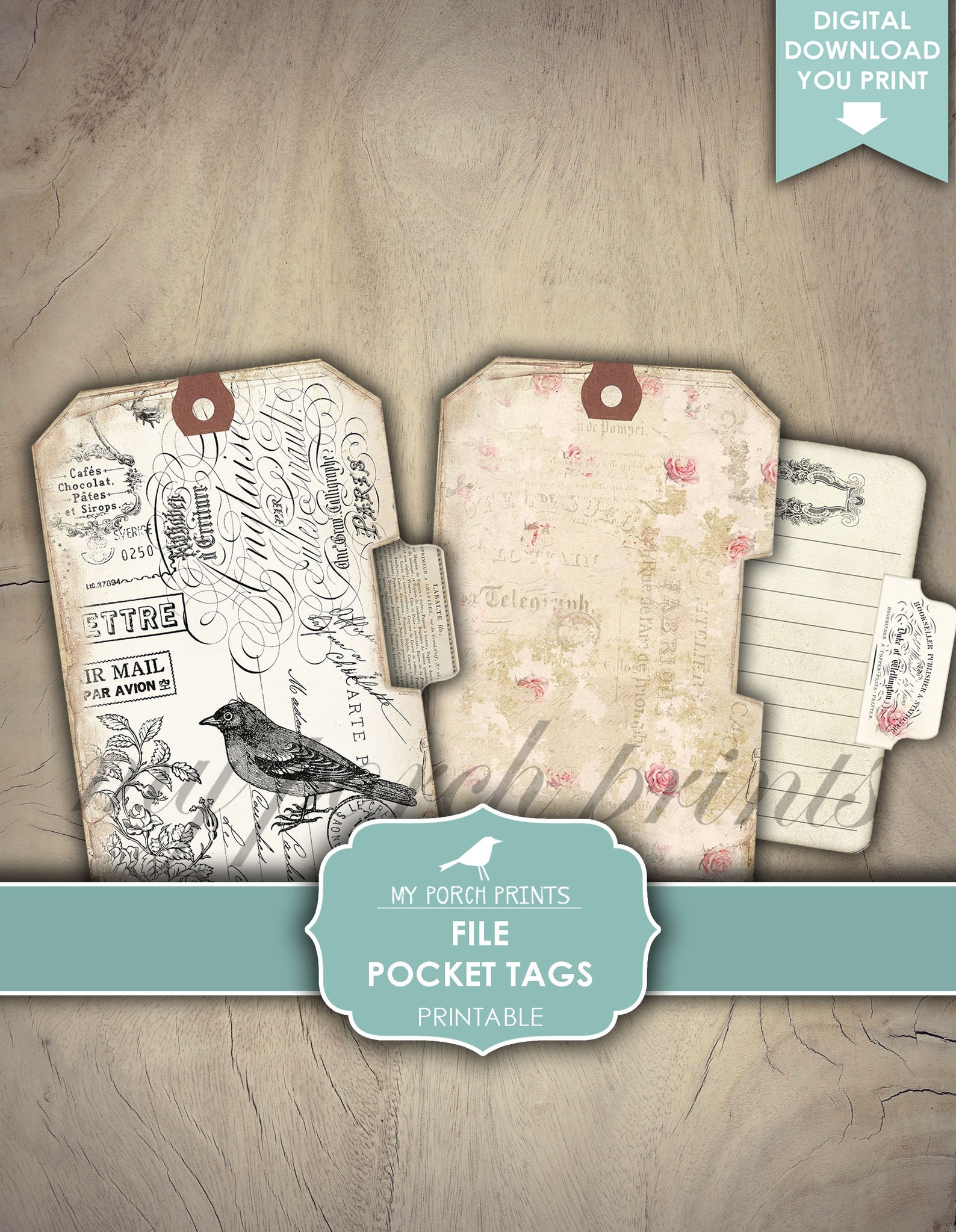 Junk Journal, File Pocket Tags, Ephemera, Shabby, Blue, Neutral, Faded ...