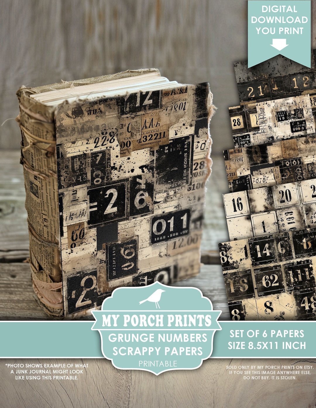 Grunge Number Scrappy Papers, Junk Journal Pages, Black, Vintage ...