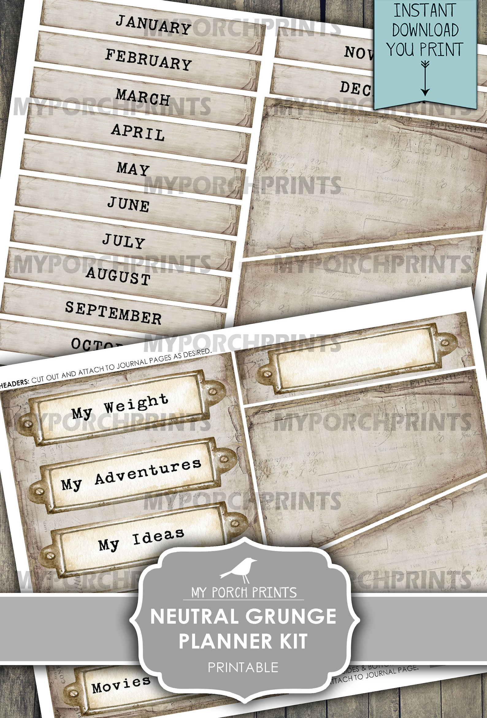 Junk Journal, Planner, Kit, Neutral, Grunge, Calendar, Bullet Journal ...