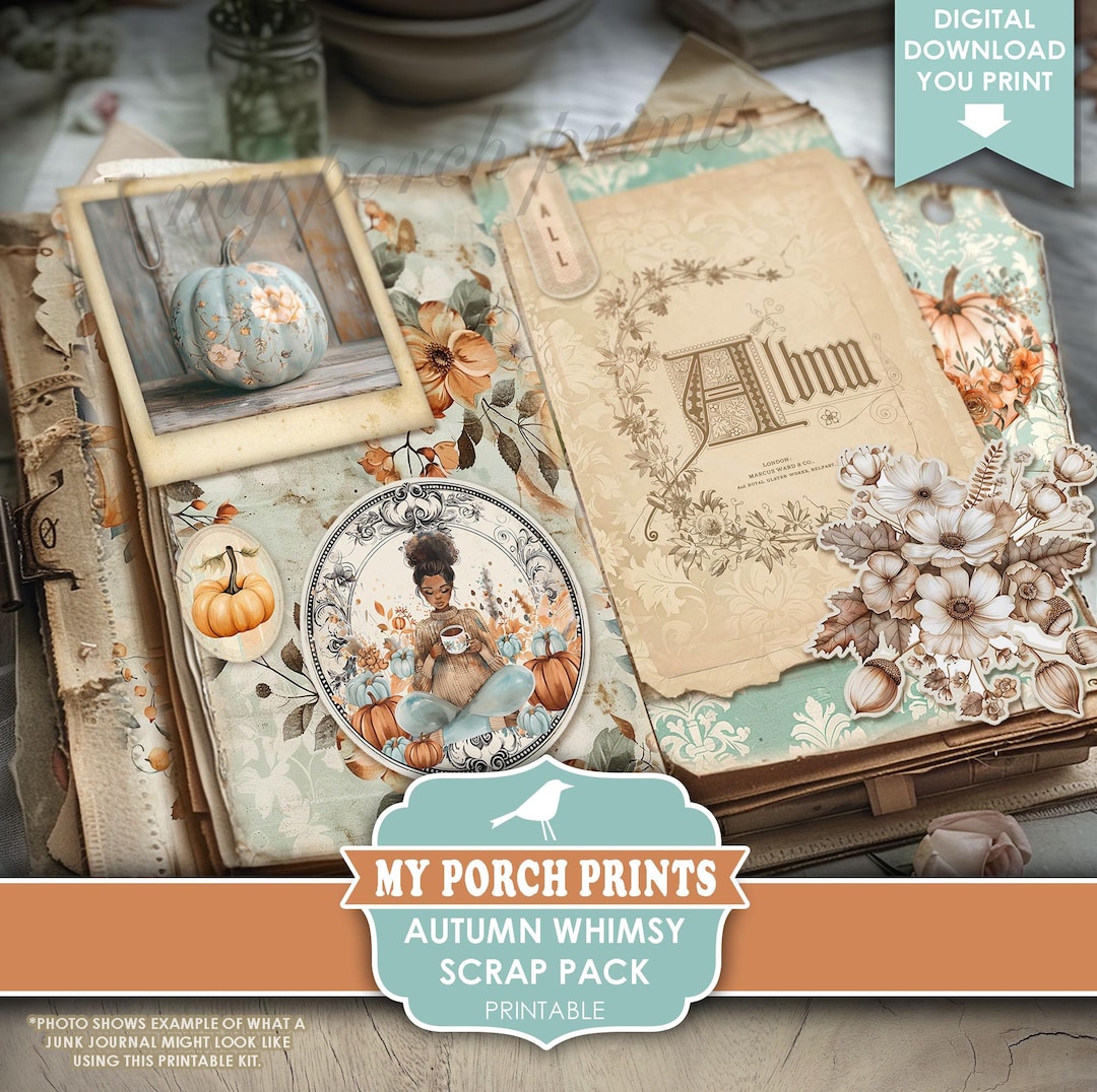 Autumn Whimsy Scrap Pack, Fall, Cozy, Pumpkin, Thanksgiving, Orange, Blue, Papers, Ephemera, My ...
