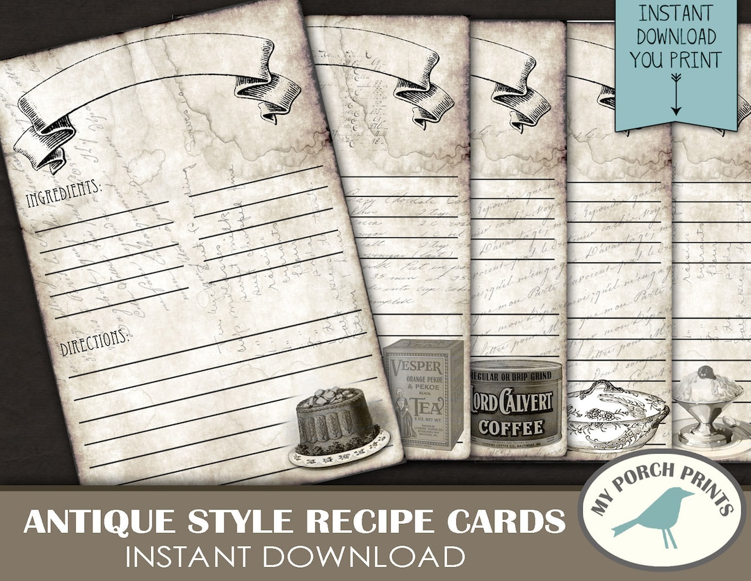 Antique Recipe Cards, Scrapbook, ATC, 4x6, Ephemera, Junk Journal Kit ...