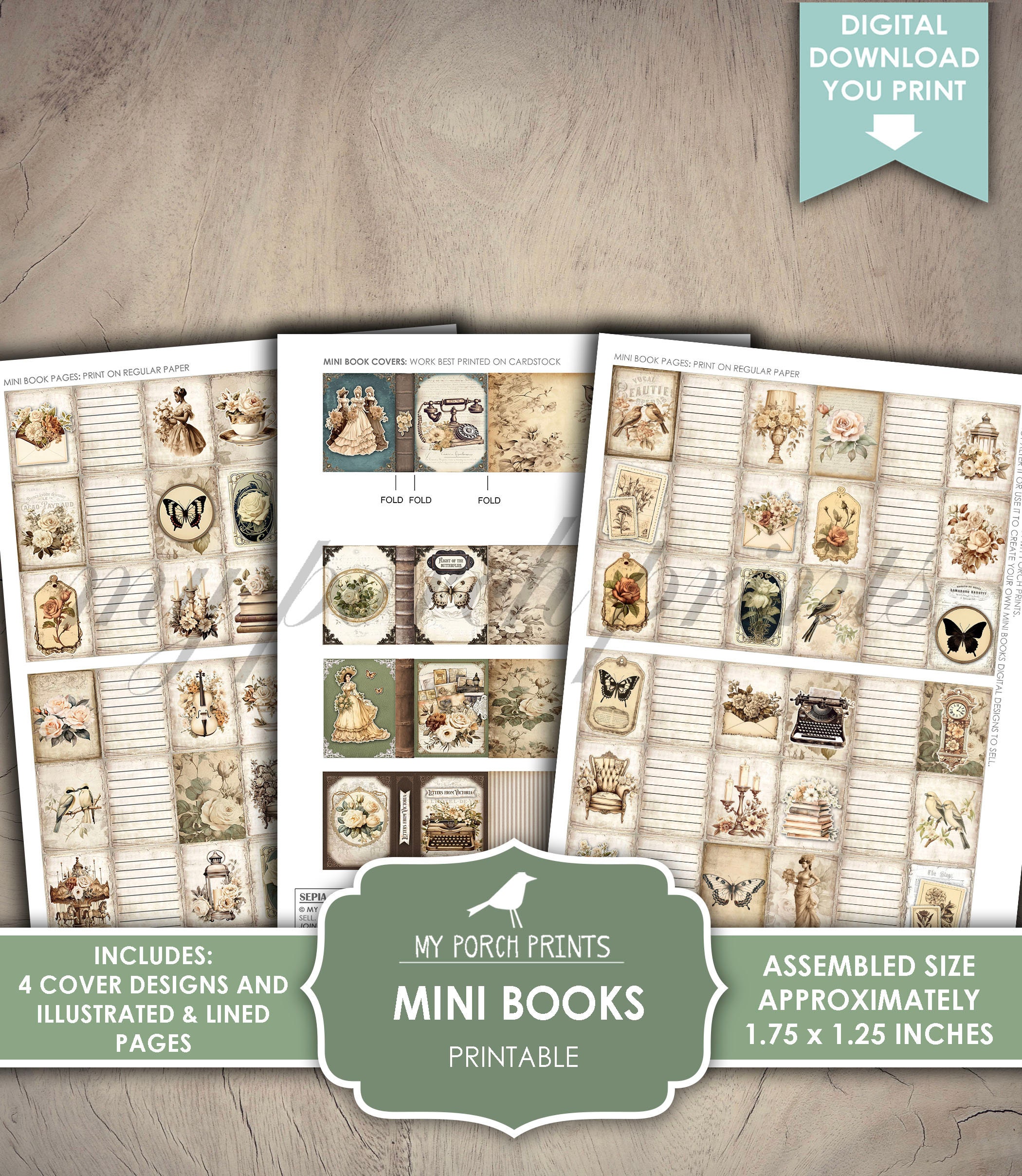 Mini Books, Sepia and Ivory, Junk Journal, Vintage, Miniature, Neutral ...