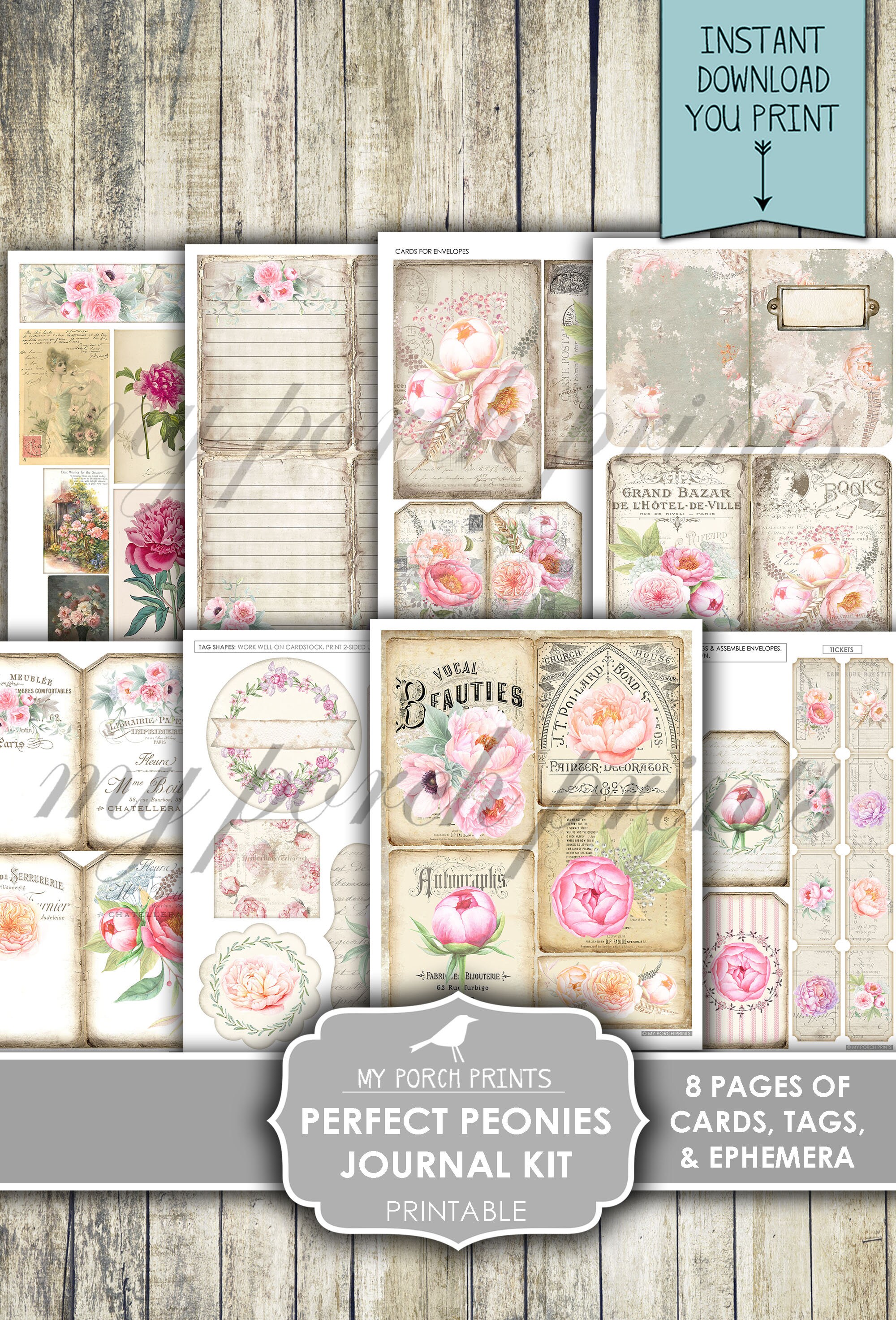 Junk Journal, Peony, Perfect Peonies, Vintage, My Porch Prints, Spring ...