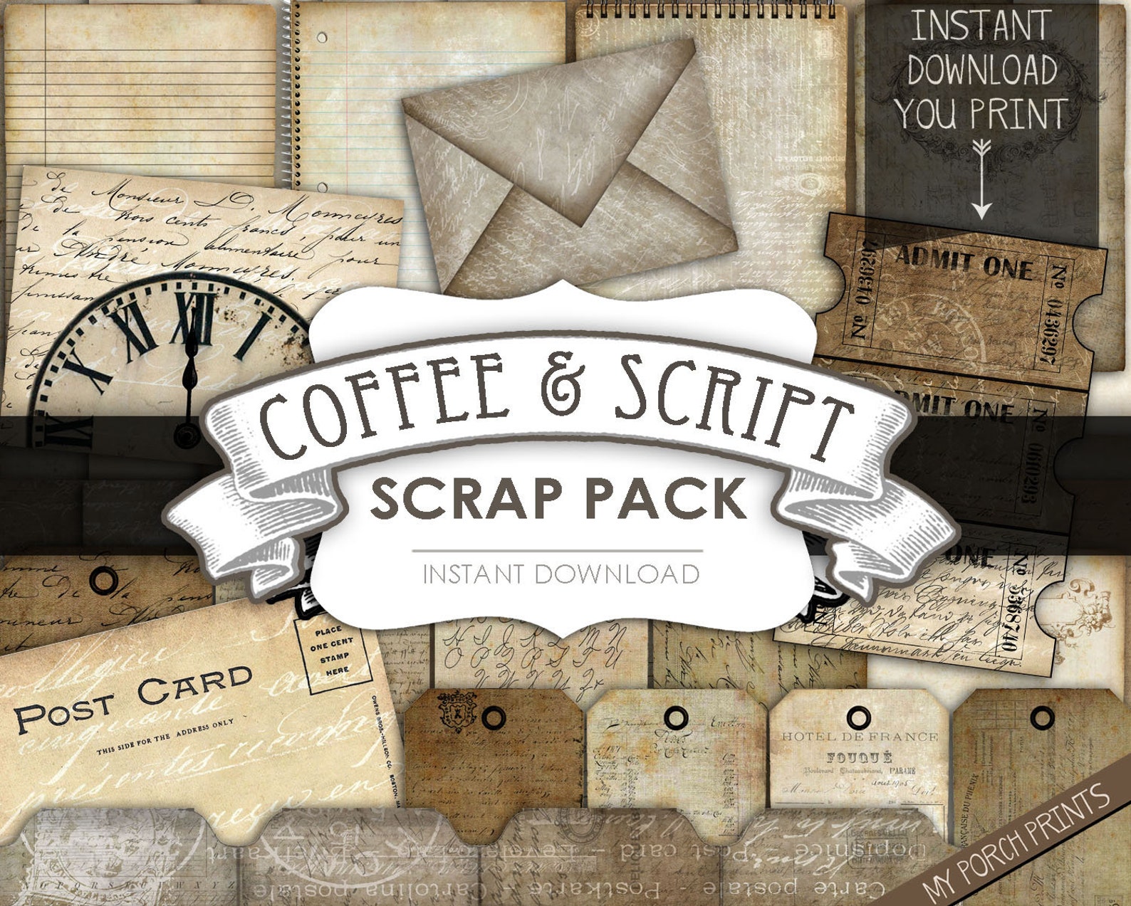 Coffee & Script Junk Journal Kit Handwriting Scrap Pack - Etsy