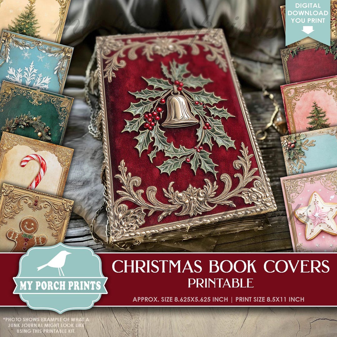 Christmas Book Covers Junk Journal, Topper, Cover, Tree, Snowman, Green ...