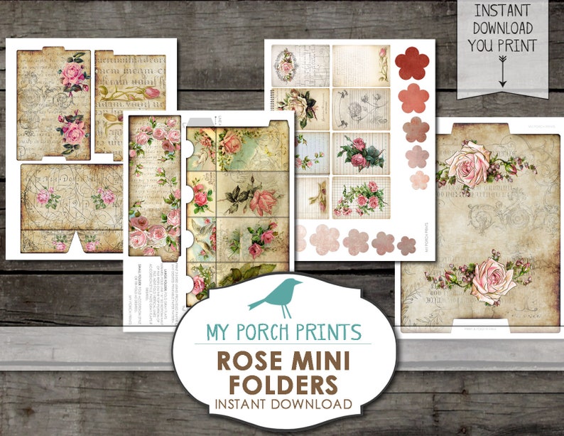 Mini File Folders, Roses, Scrapbook Kit, Junk Journal Kit, Printable ...