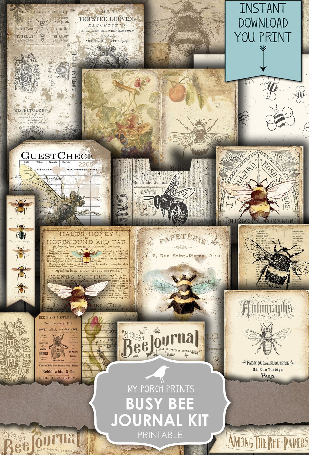 Busy Bee, Junk Journal Kit, Beekeeper, Bees, Vintage, My Porch Prints ...