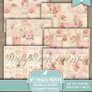 Roses and Script Scrappy Papers, Junk Journal, Pages, Floral, Vintage ...