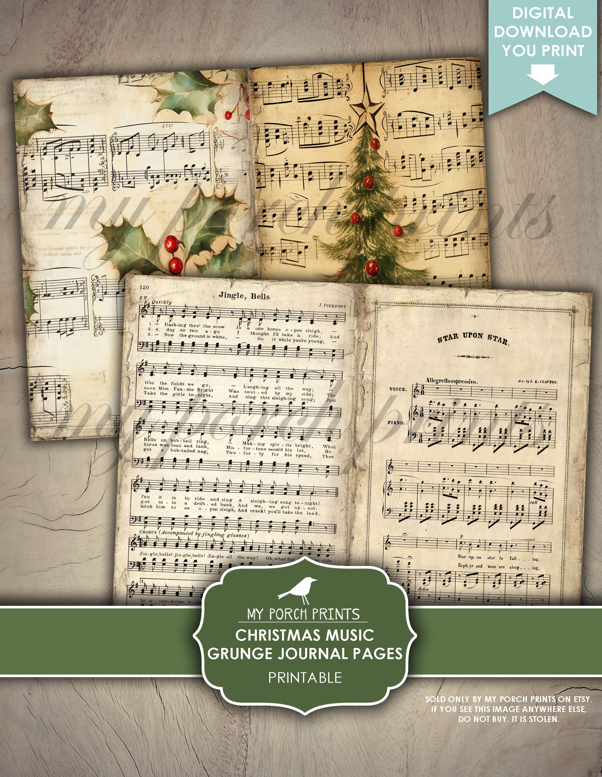 Christmas Music Grunge Journal Pages, Junk Journal, Sheet, Music ...