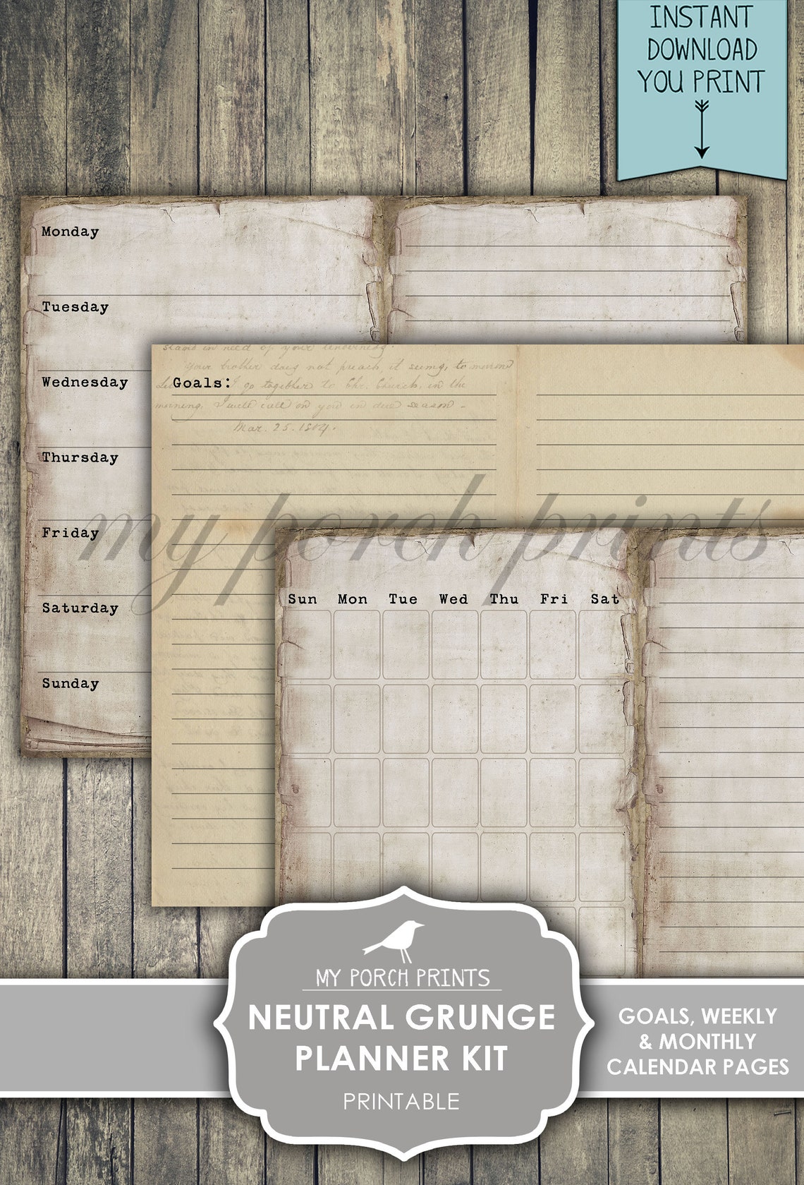 Junk Journal Planner Kit Neutral Grunge Calendar Bullet | Etsy