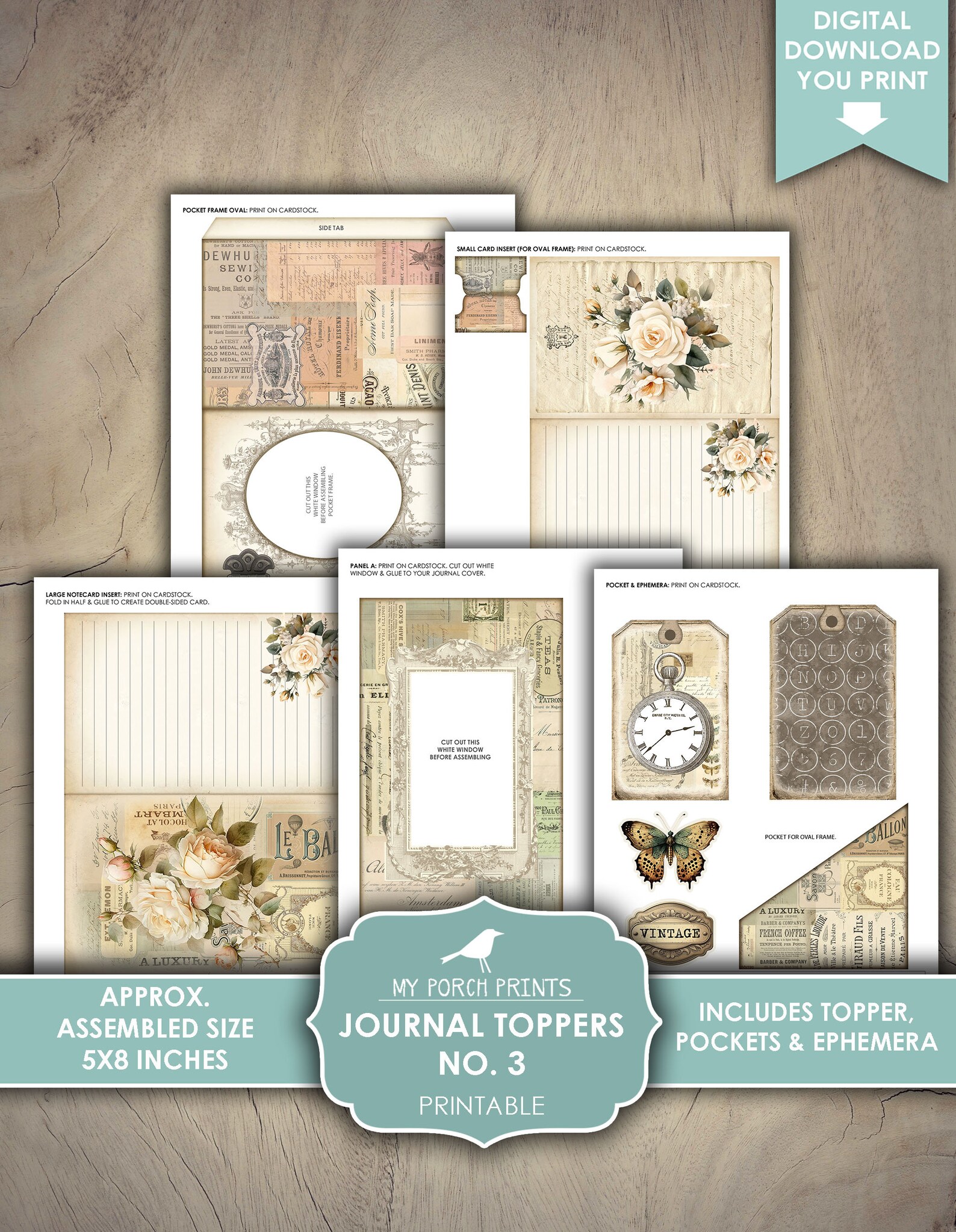 Junk Journal Toppers No. 3, Folio, Sepia and Ivory, Neutral, Roses ...