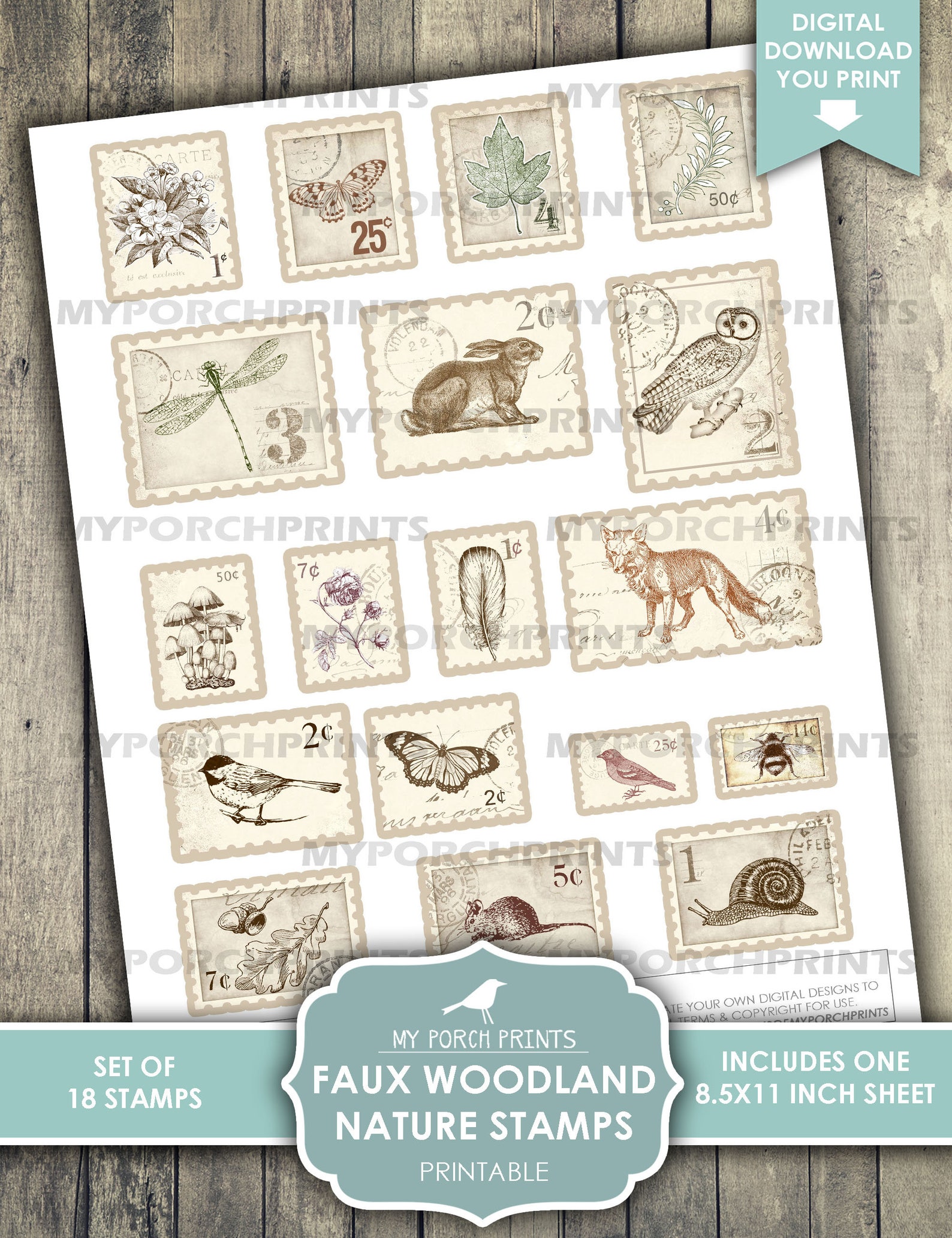Woodland, Nature, Stamps, Faux, Junk Journal, Stickers, Fussy Cut ...