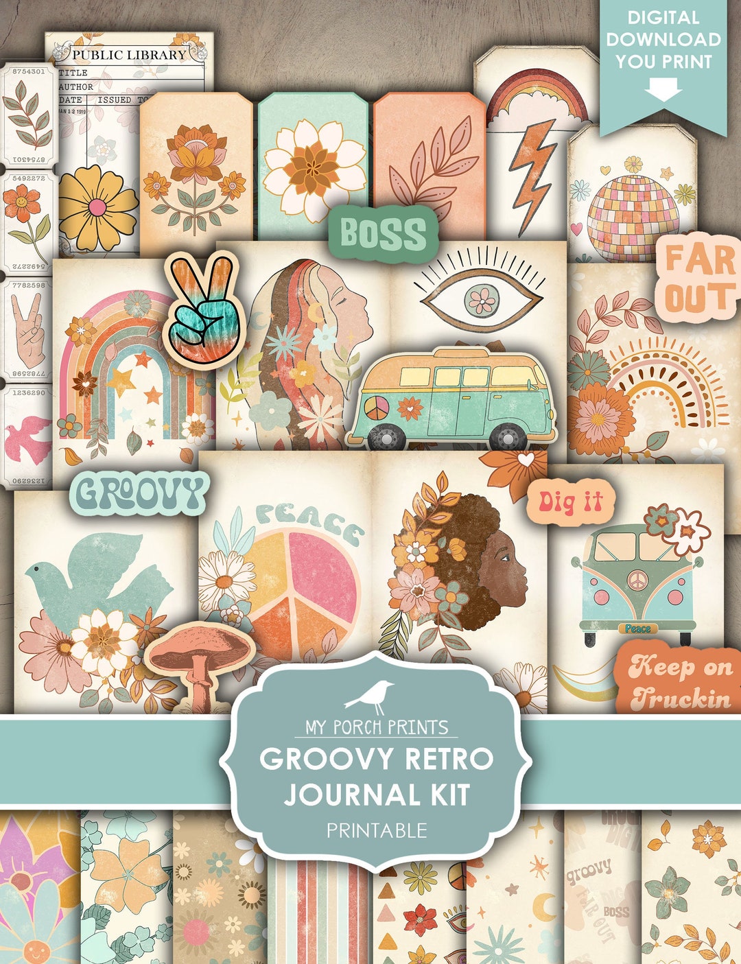 Junk Journal Kit, Groovy, Retro, 60s, 70s, Hippie, Hippy, 1960s, 1970s ...