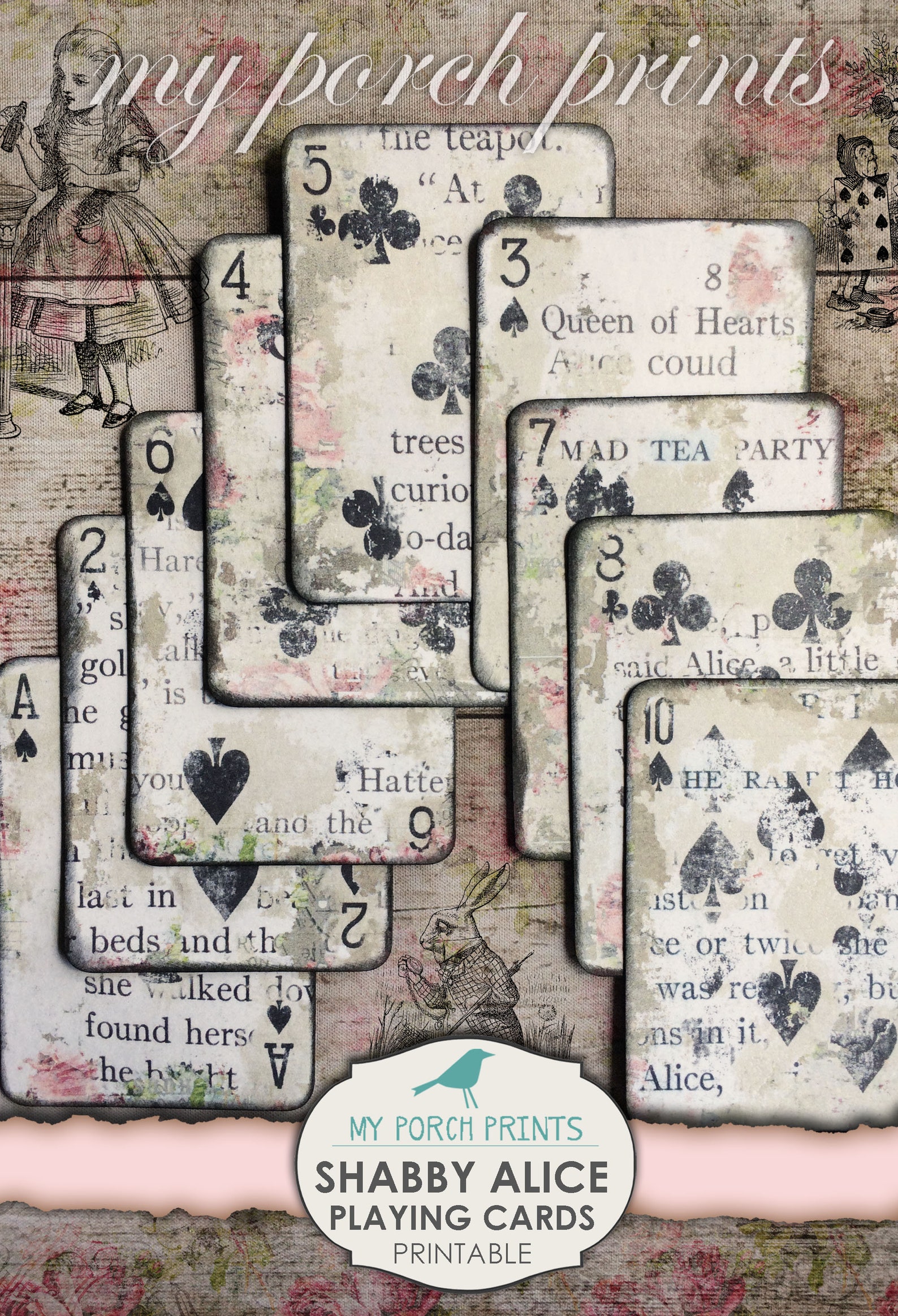 Shabby, Alice in Wonderland, Playing Cards, Printable, Junk Journal ...