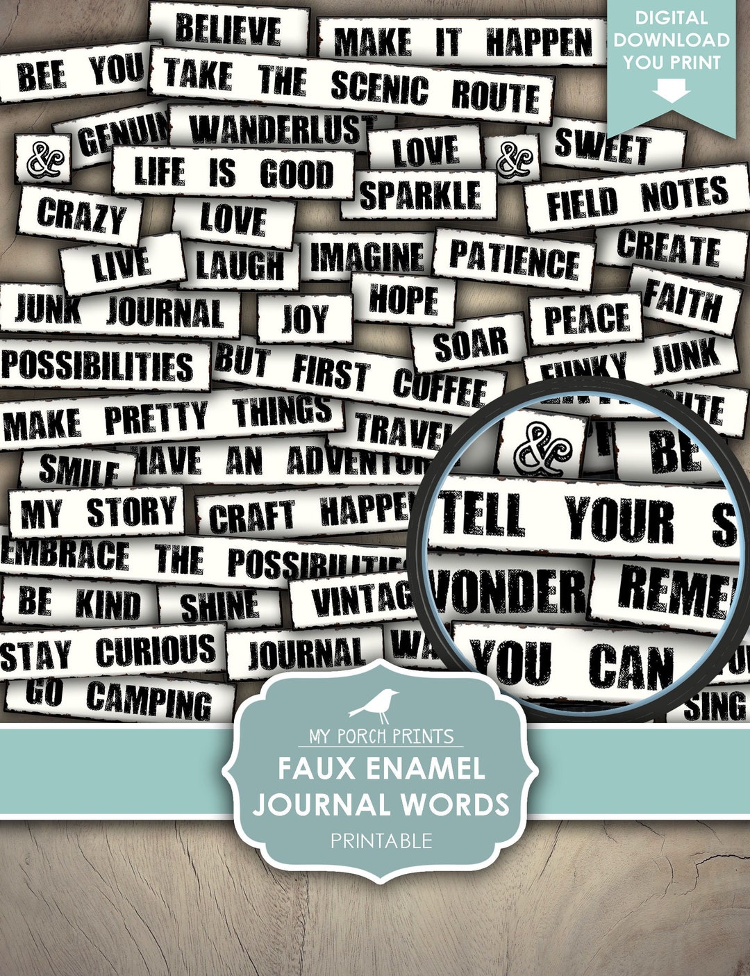 Junk Journal, Faux Enamel Journal Words, Travel, Vintage, Black and ...