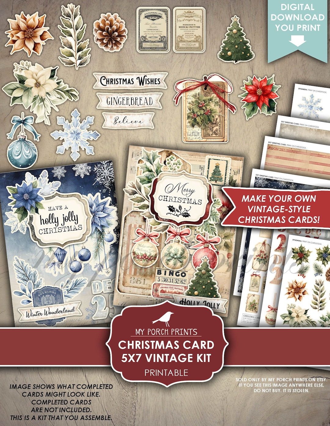 Christmas Vintage Card Kit, Junk Journal, DIY, 5x7, Inch, Cards, Kits ...