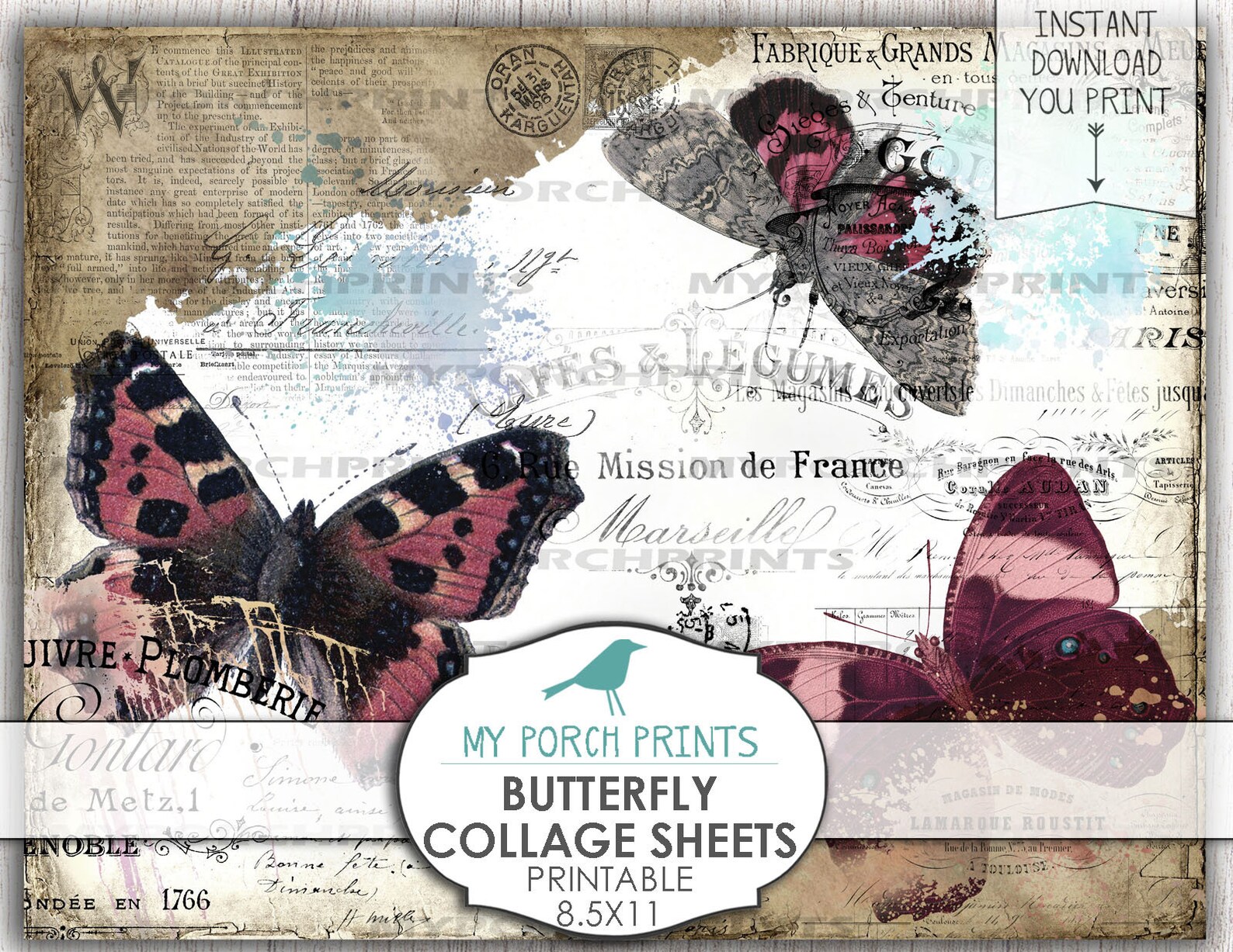 Butterfly Collage Sheet, Journal Page, Watercolor, My Porch Prints ...