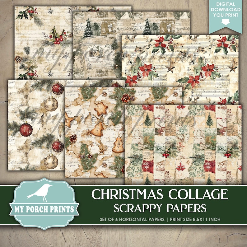 Christmas Collage Scrappy Papers, Junk Journal, Pages, Holiday, Winter ...