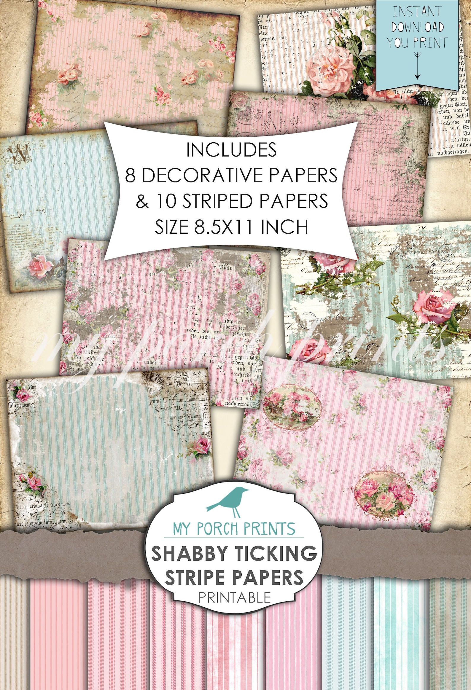 Shabby Ticking Stripe Papers, Junk Journal, Printable, Ephemera, Chic ...