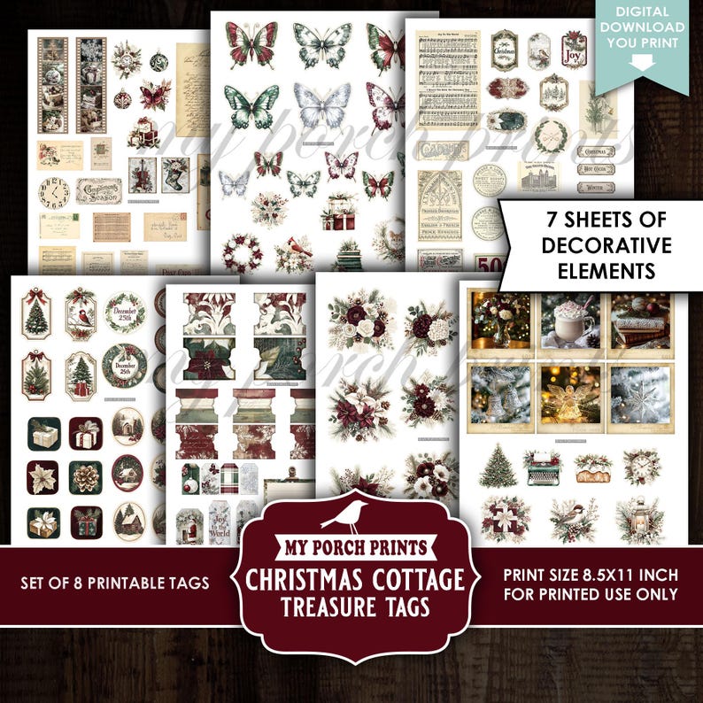 Christmas Cottage Treasure Tags Kit, Junk Journal Fussy Cuts Winter ...