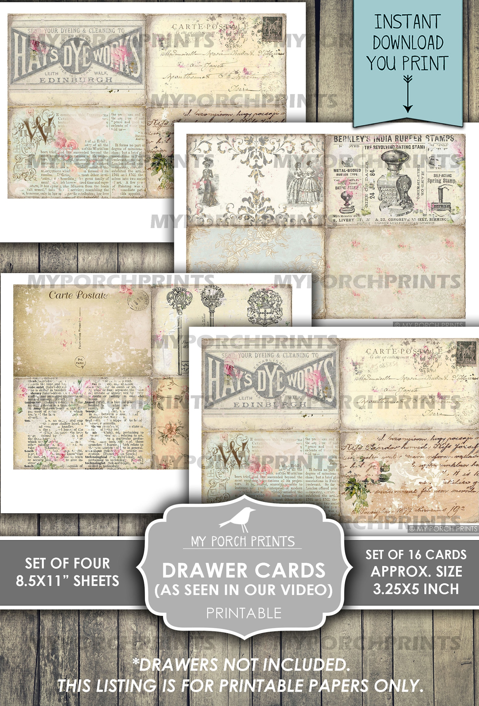 Junk Journal Kit, Printable Wood Drawer Cards, Papers, My Porch Prints ...