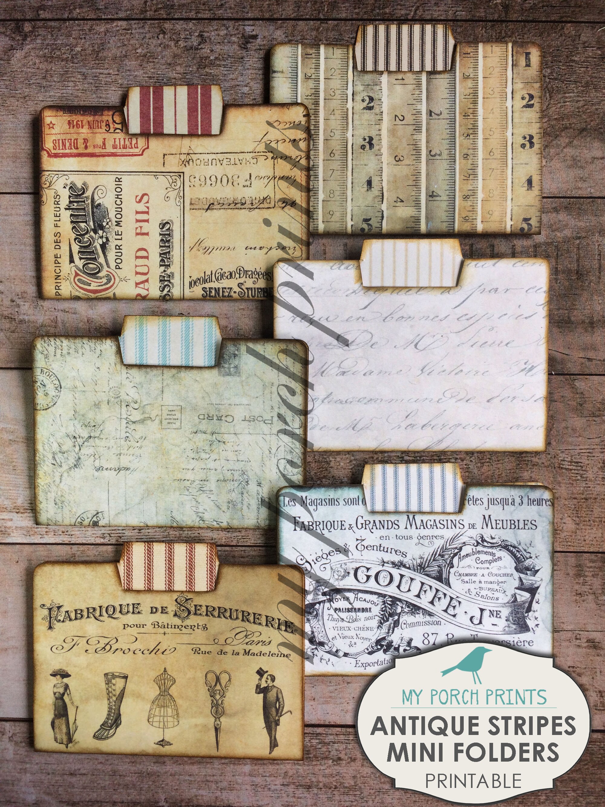 Mini File Folders, Antique, Ticking Stripes, Junk Journal Kit, Ephemera ...