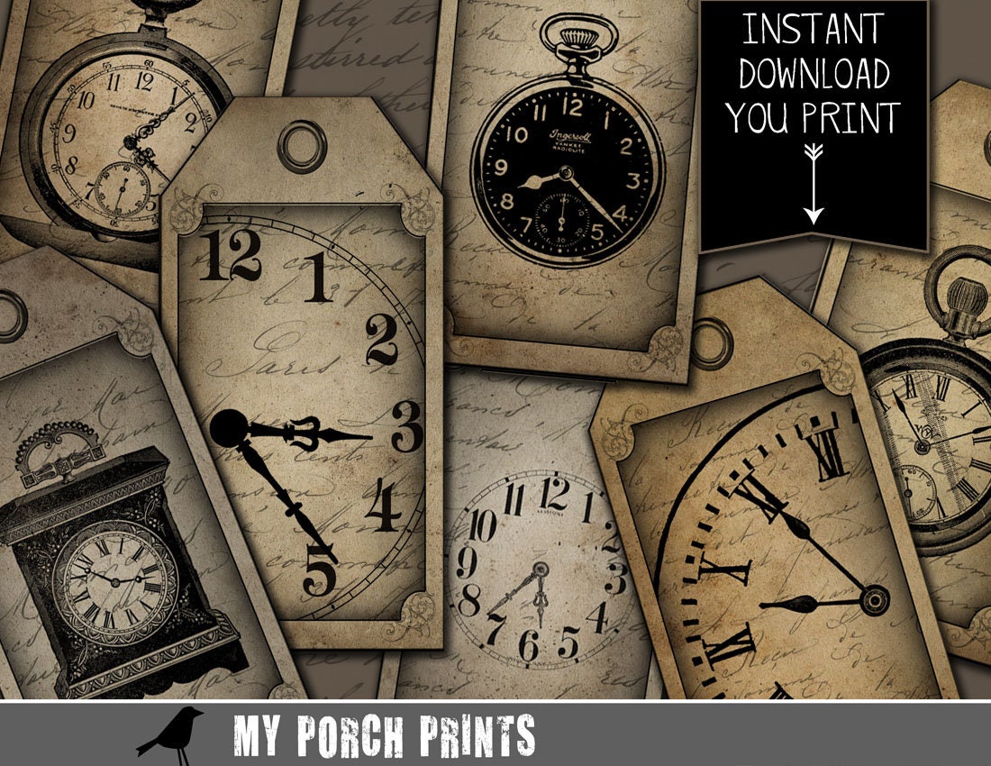 Clock Tags, Scrapbook Paper, Steampunk, Grunge, Party, Potion Labels ...