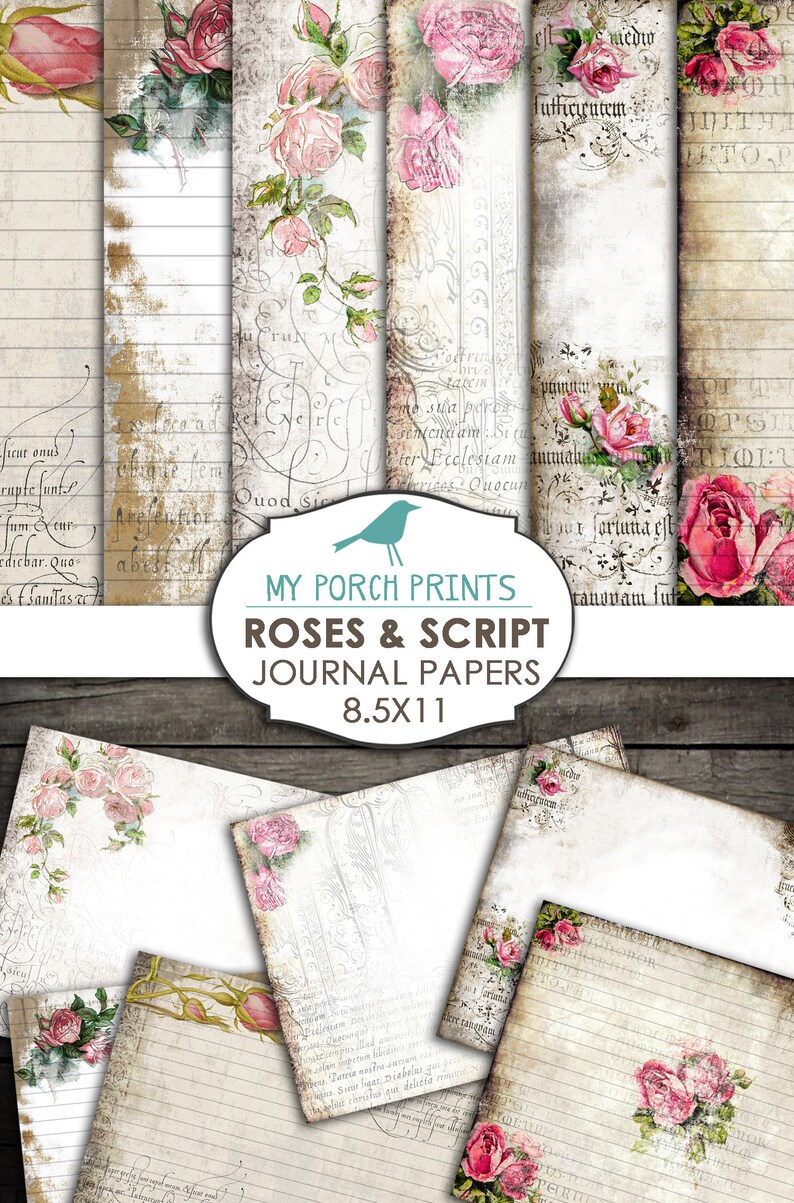 Roses & Script Journal Pages Printable Paper junk journal | Etsy