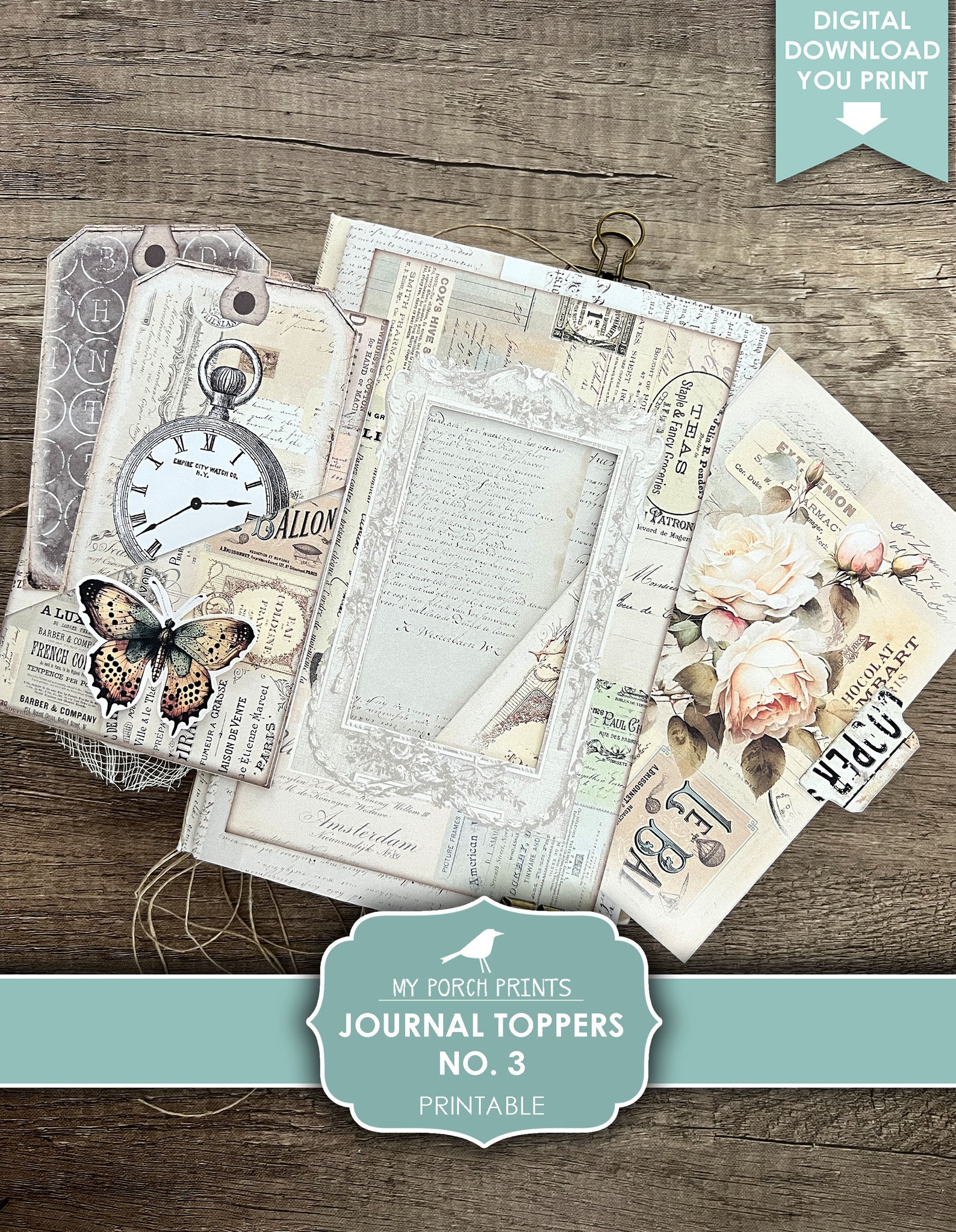 Junk Journal Toppers No. 3, Folio, Sepia and Ivory, Neutral, Roses ...