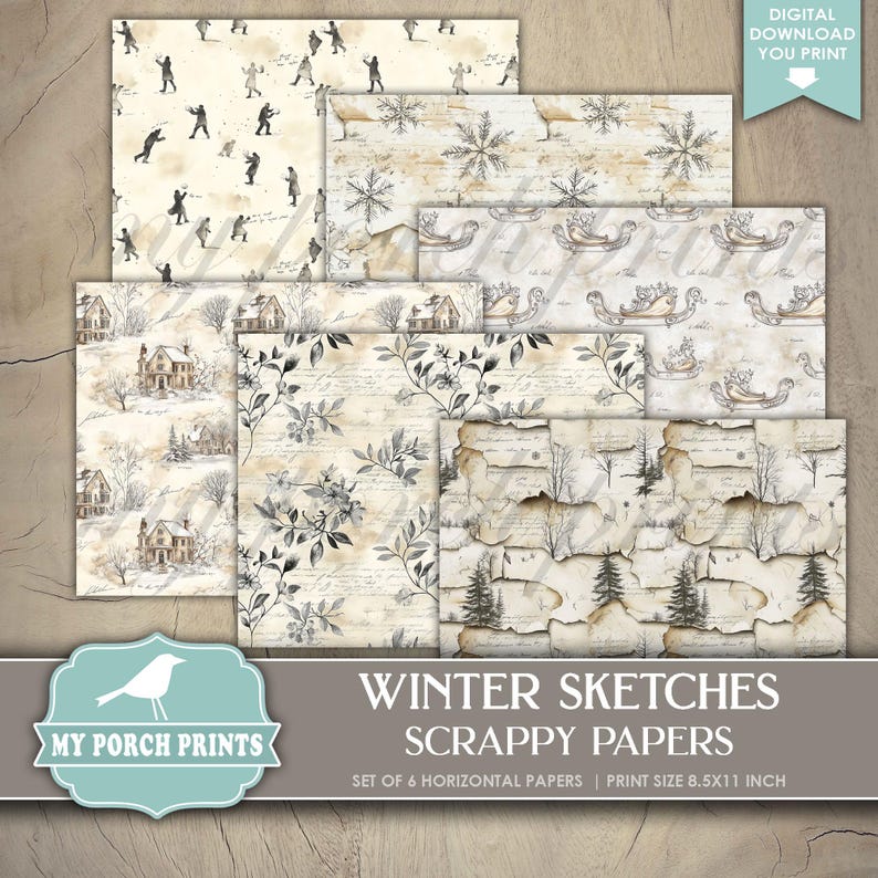 Winter Sketches Scrappy Papers, Junk Journal, Pages, Neutral, White ...