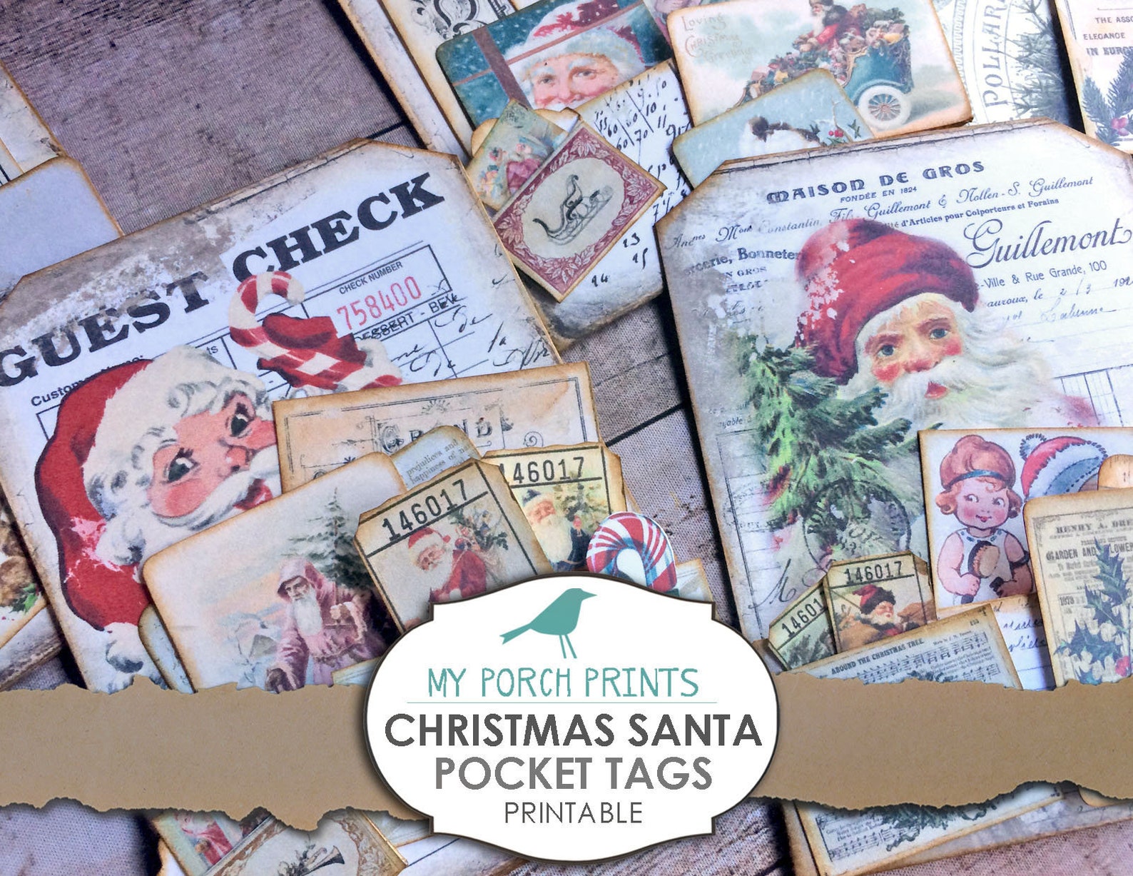 Christmas Santa Shabby Receipt Pocket Tags, Loaded Envelope, Junk ...