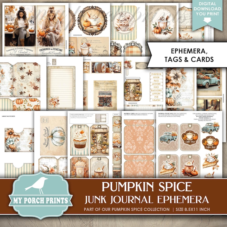 Pumpkin Spice EPHEMERA, Kit, Junk Journal, Fall, Autumn, Cards, Tags ...