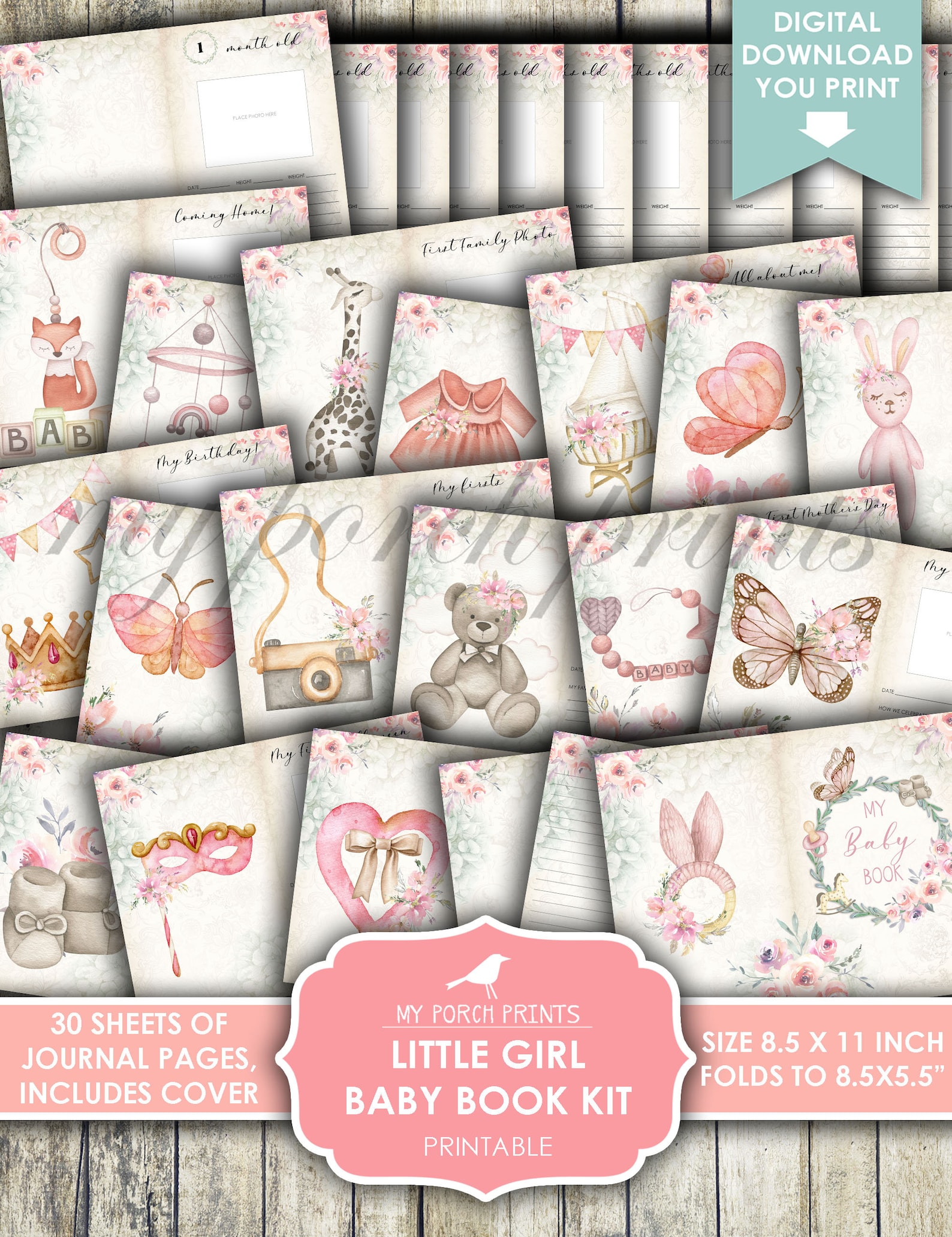 Junk Journal Kit, Baby, Girl, Book, Pink, Gift Idea, Baby's, First Year ...