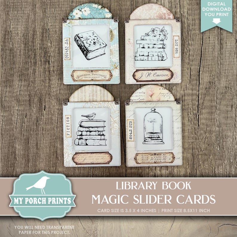 Library Book Magic Slider Cards, Junk Journal, Black and White, Color ...